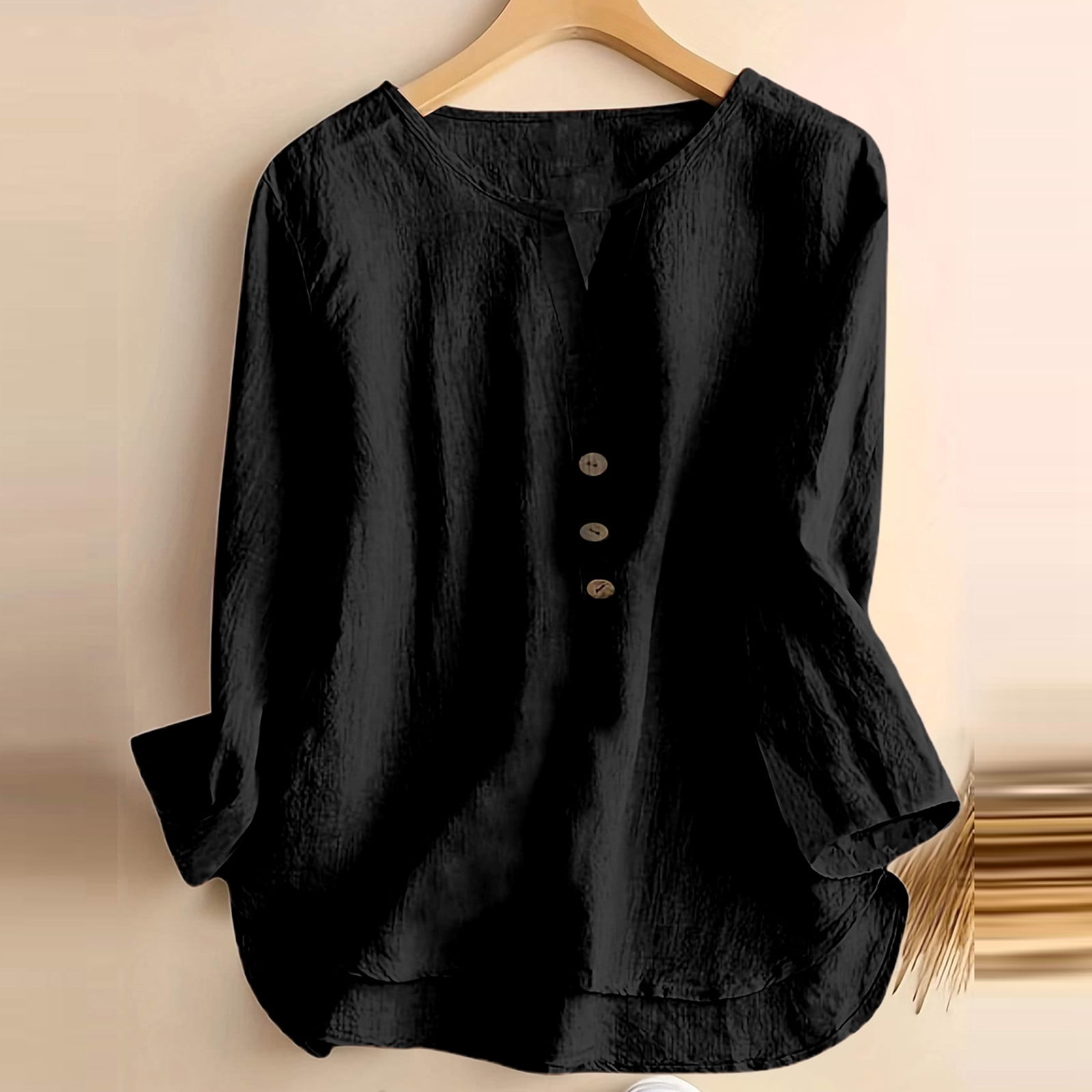 ANINEO Women Blouses Solid Color Button Up Shirt Casual Stylish O-Neck ...
