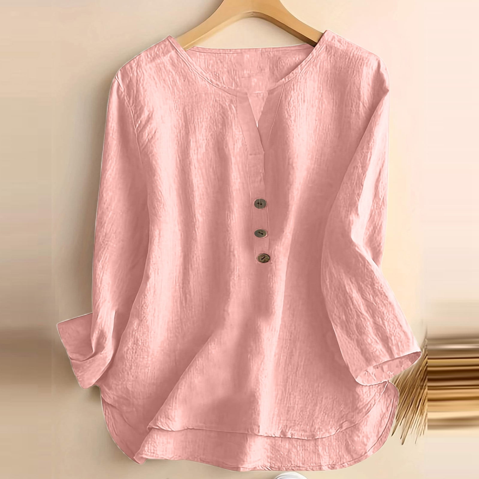 ANINEO Women Blouses Solid Color Button Up Shirt Casual Stylish O-Neck ...