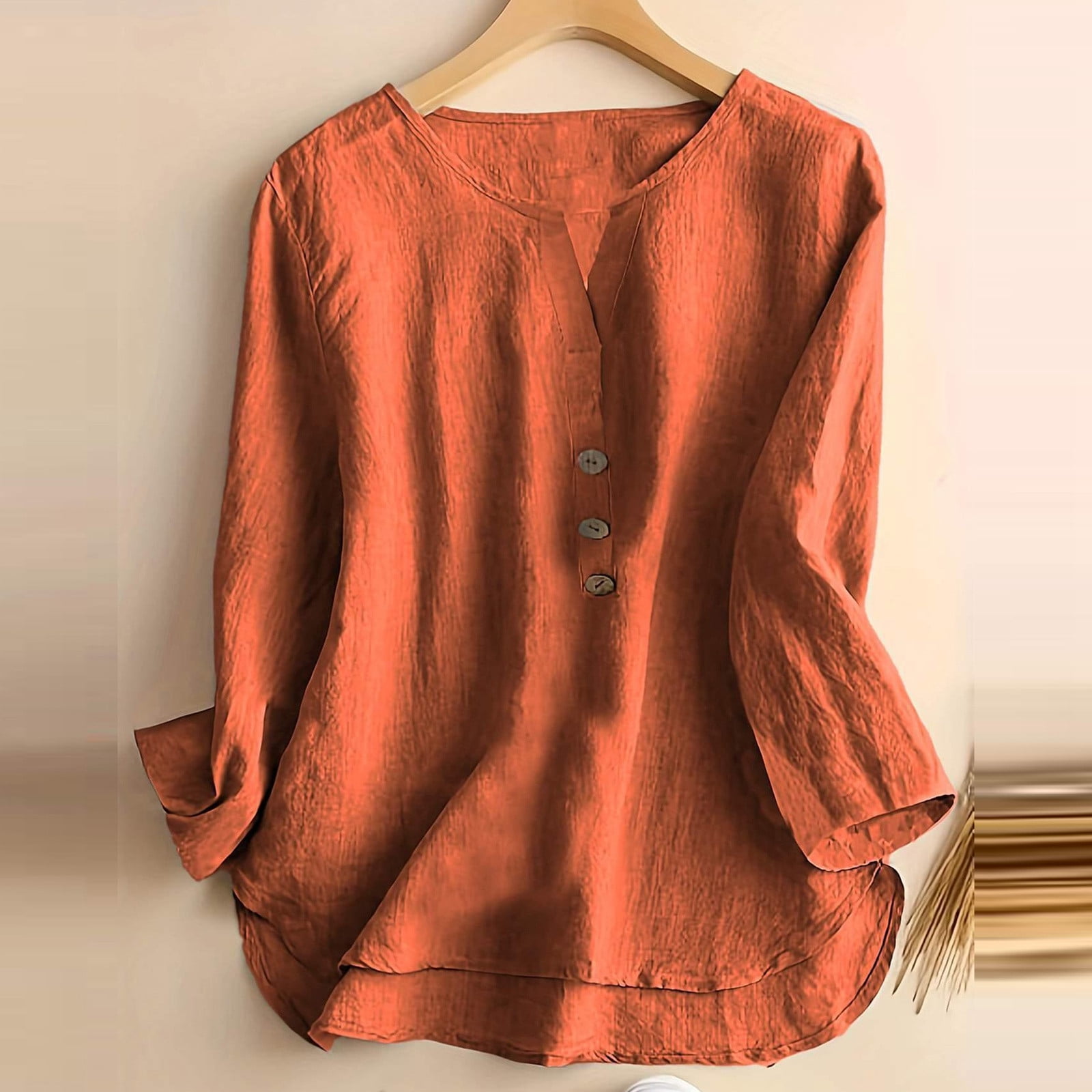 ANINEO Women Blouses Solid Color Button Up Shirt Casual Stylish O-Neck ...