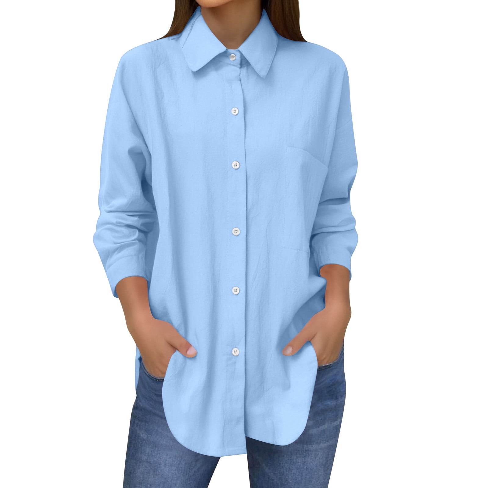 ANINEO Women Blouses Solid Color Fashion Linen Pocket Beach Shirt ...