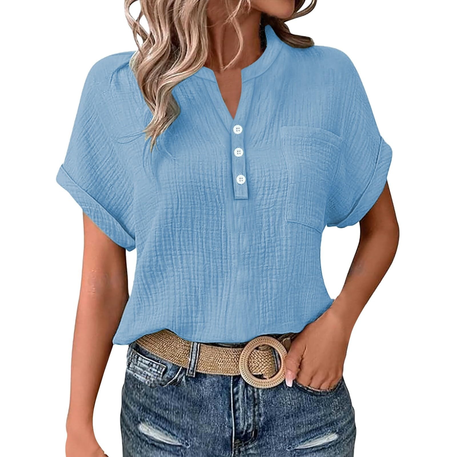 ANINEO Women Blouses V Neck Basic Button Tops Loose Short Sleeved Linen ...