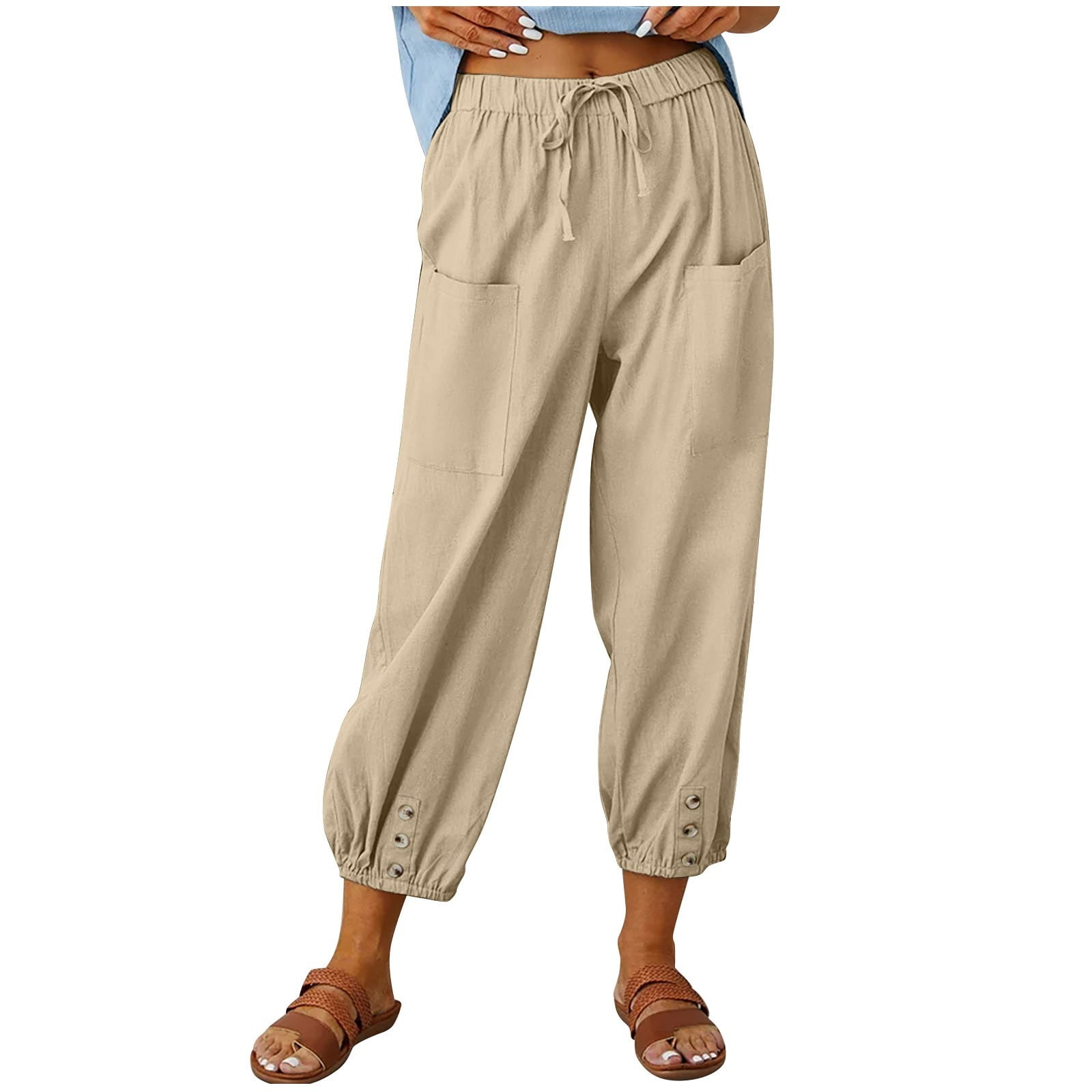 ANINEO Women Casual High Waist Pants Drawstring Capri Pants With ...