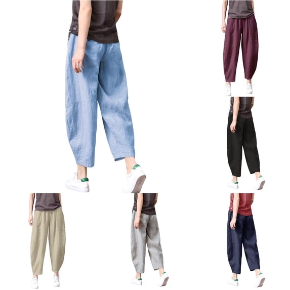 ANINEO Women Casual Wide Leg Pants Blend Cropped Trousers Loose Fit ...