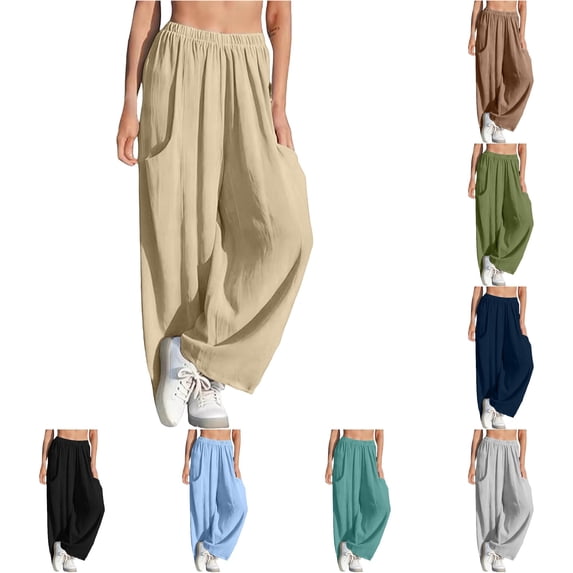 ANINEO Women Casual Wide Leg Pants Loose Fit Comfortable Blend Trousers ...