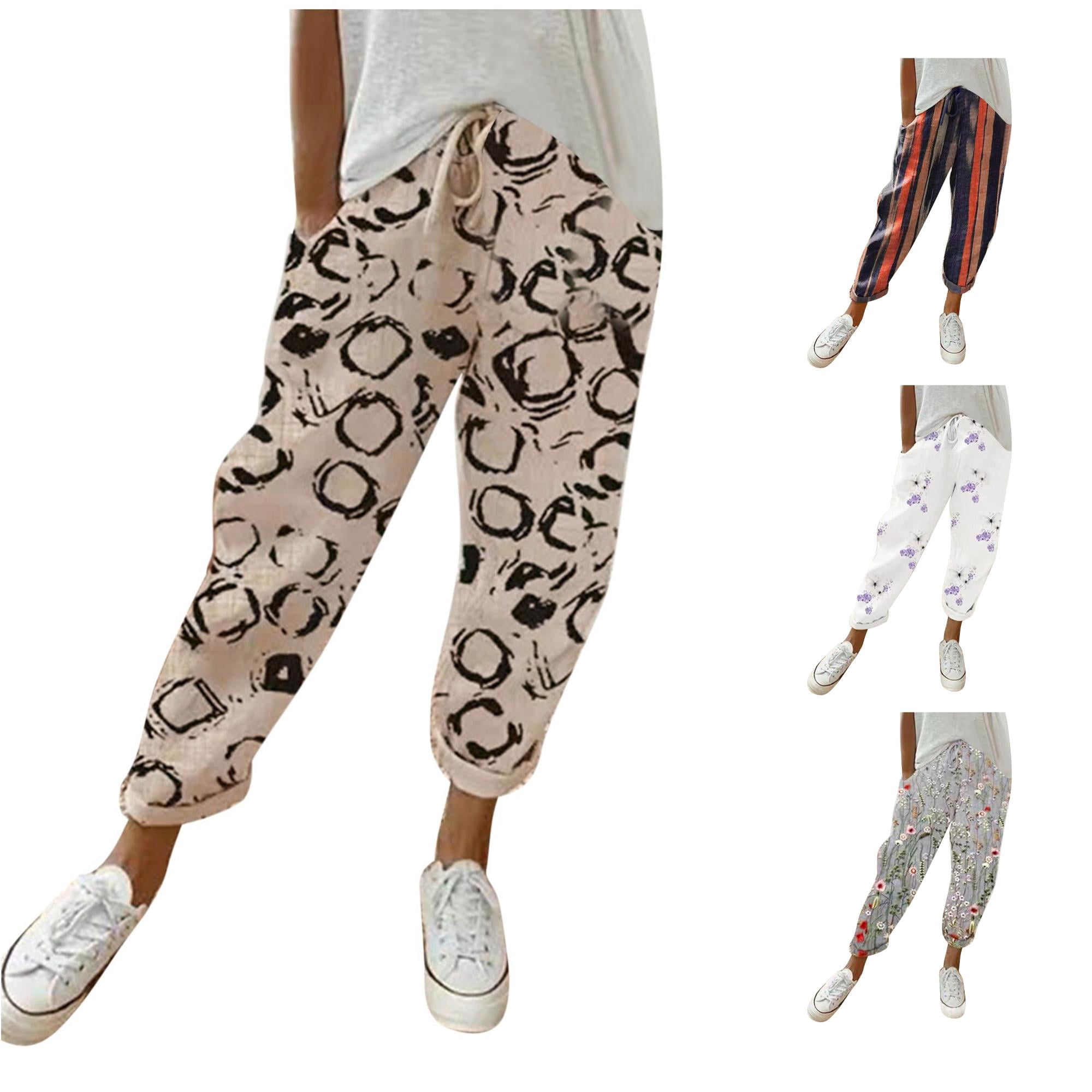 ANINEO Women Fashion Print Casual Pocket Wide Leg Pants Elastic Waist ...