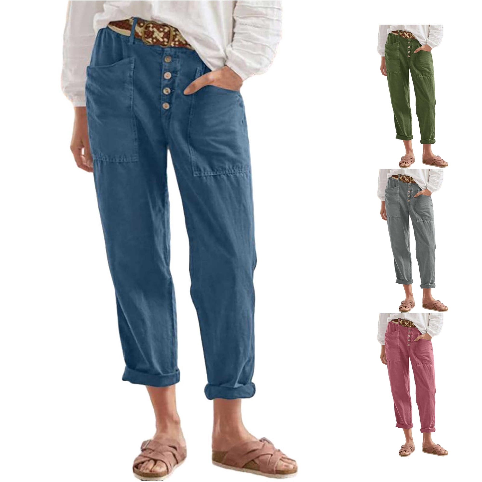 ANINEO Women Fashion Solid Color Pocket Pants Loose Casual Ankle Length ...