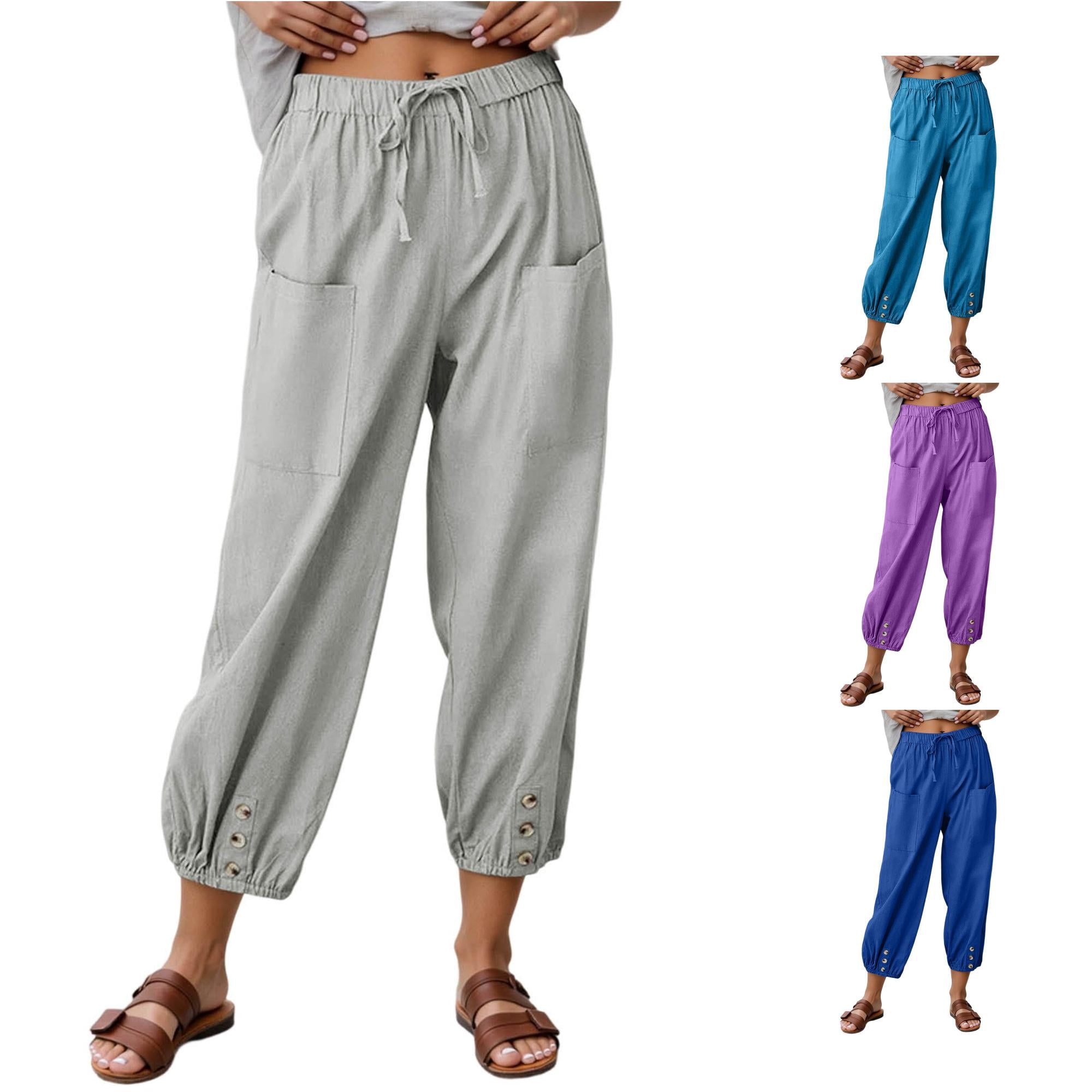 ANINEO Women High Waist Casual Pants For Button Front Wide Leg Cropped ...