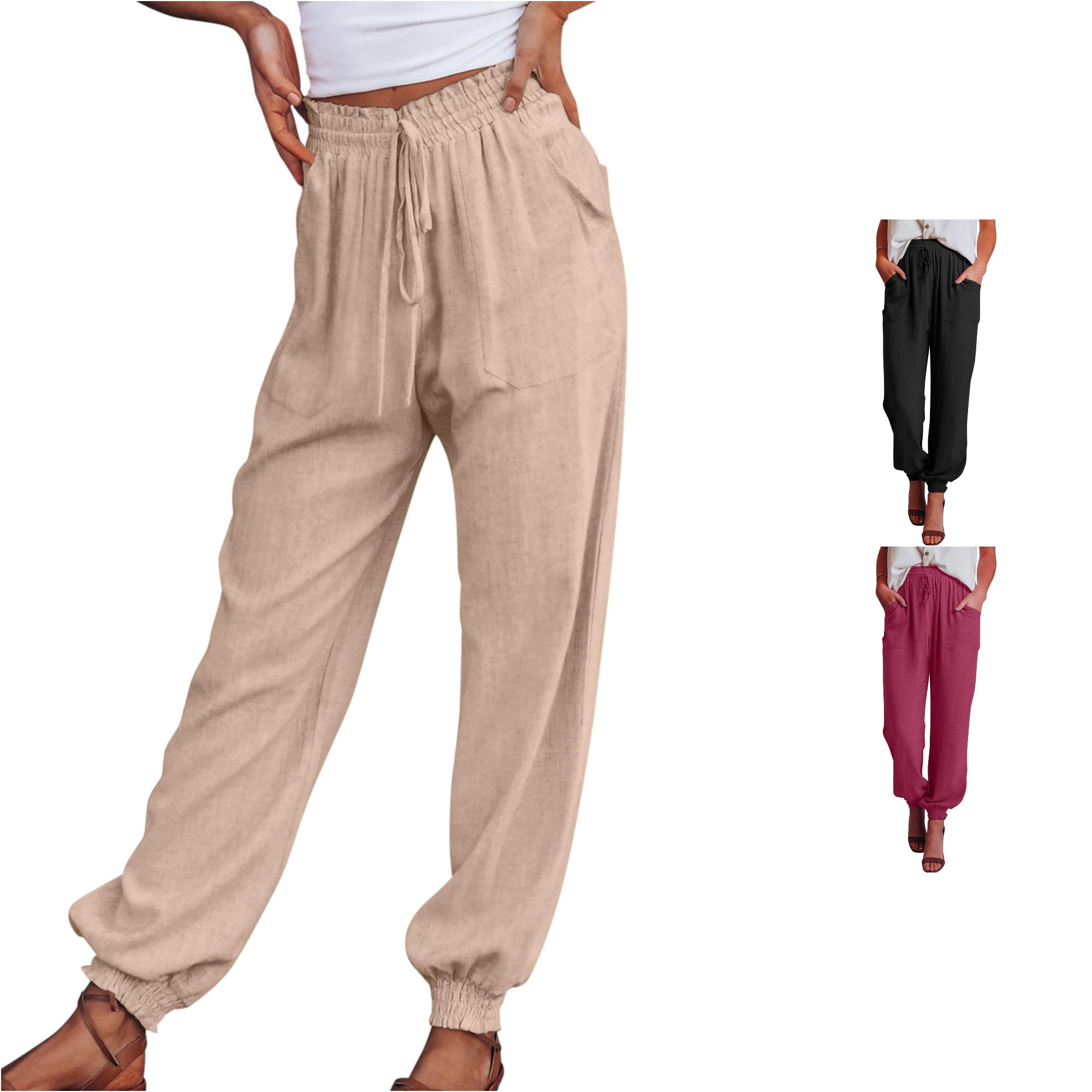 ANINEO Women Ladies Casual Trousers Solid Color Stitching Pocket Lace ...