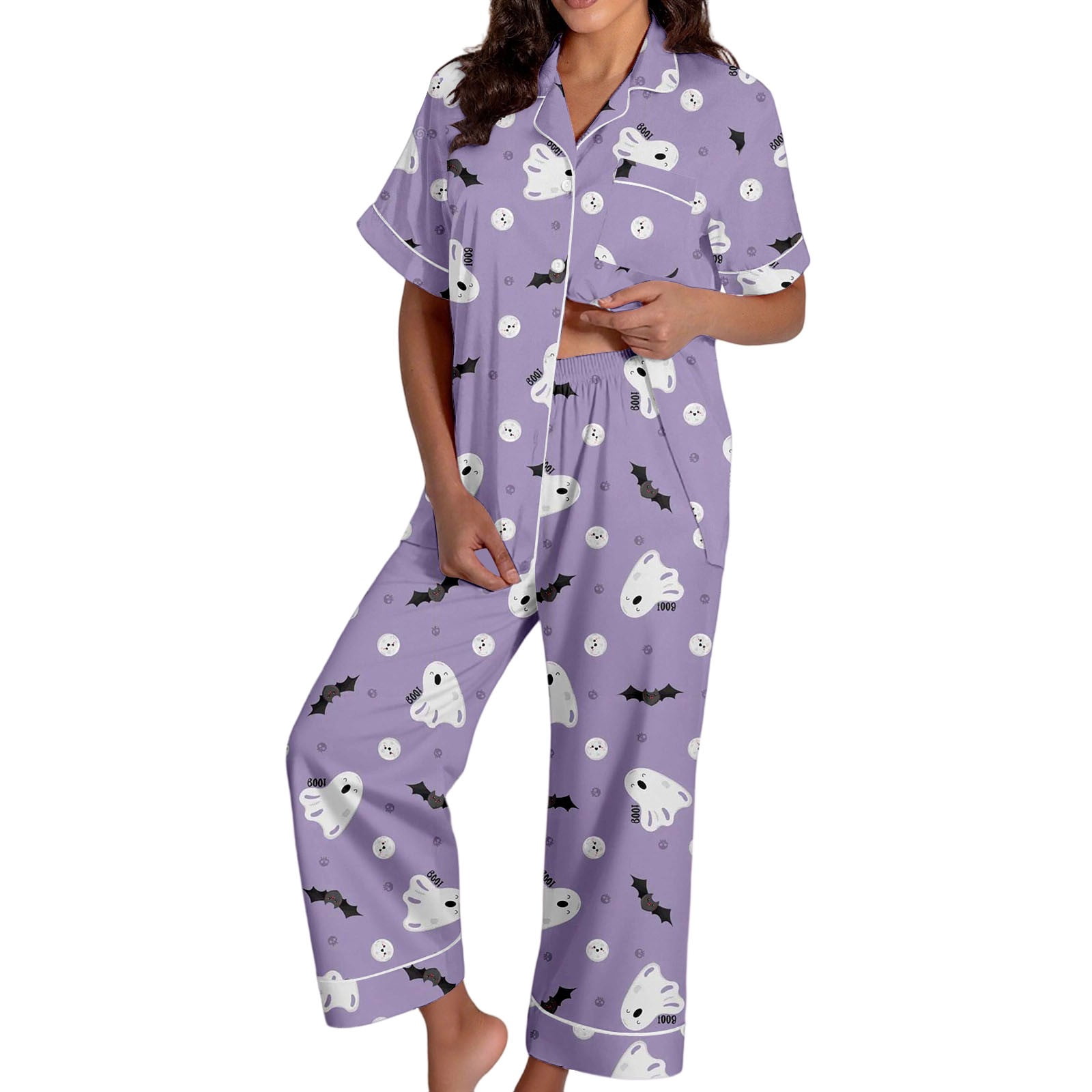 ANINEO Women Pajama Sets Halloween Ghost Button Down Sleep Shirt And ...