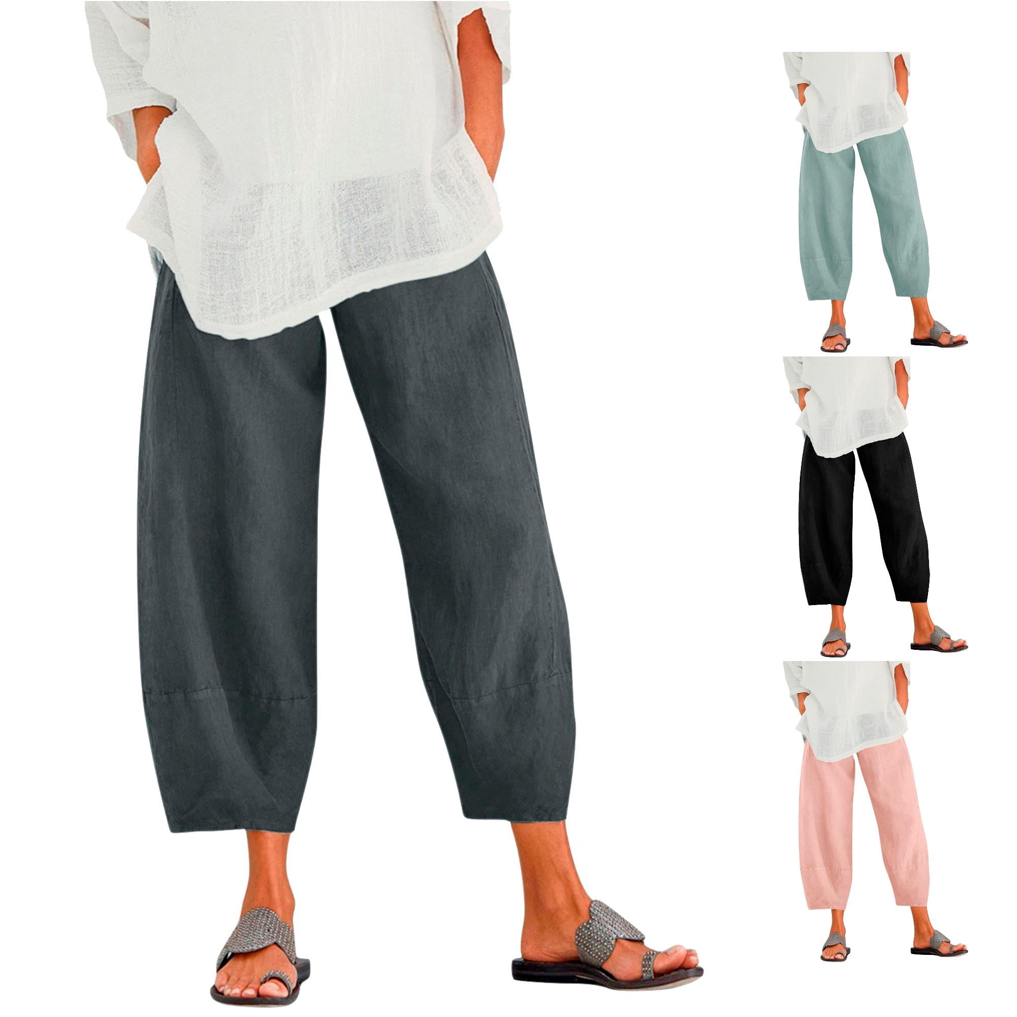 ANINEO Women Pant Loose Crop Pants Harem Linen Elastic Waist With ...