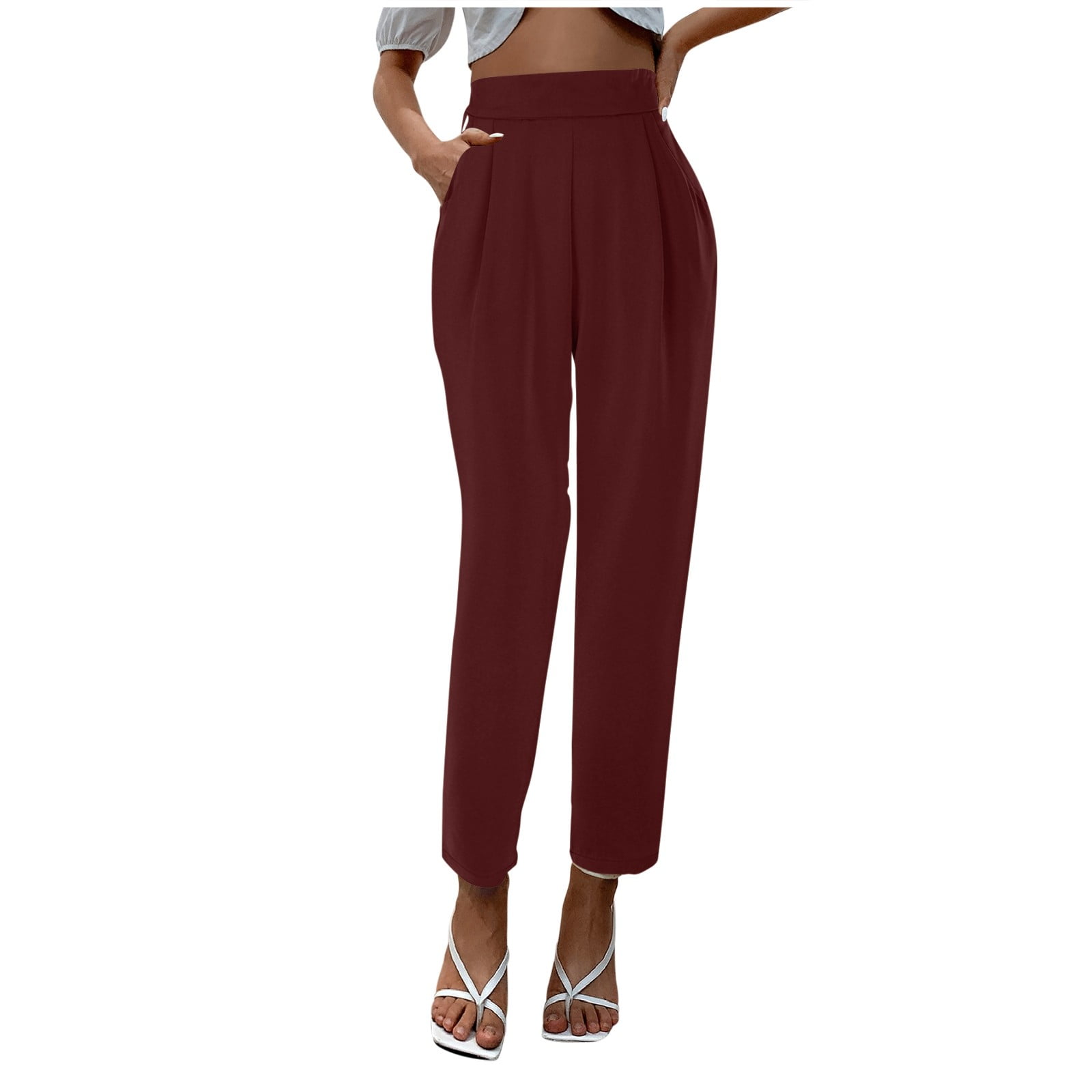 ANINEO Women Satin High Waisted Pants Solid Color Loose Fitting Slacks ...
