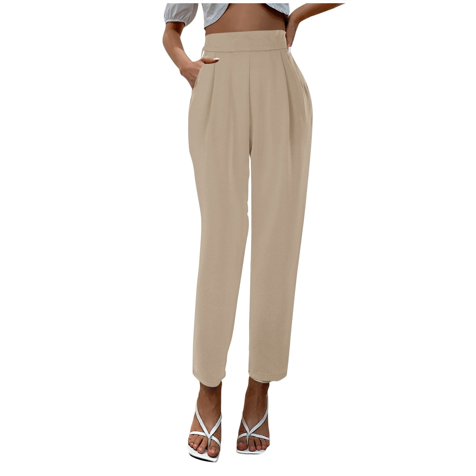 ANINEO Women Satin High Waisted Pants Solid Color Loose Fitting Slacks ...