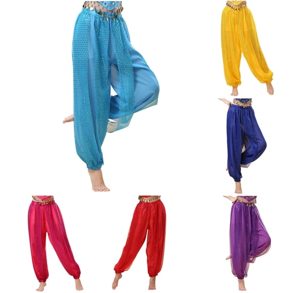 ANINEO Women Sequin Pants Belly Dance Performance Dance Pants Chiffon ...
