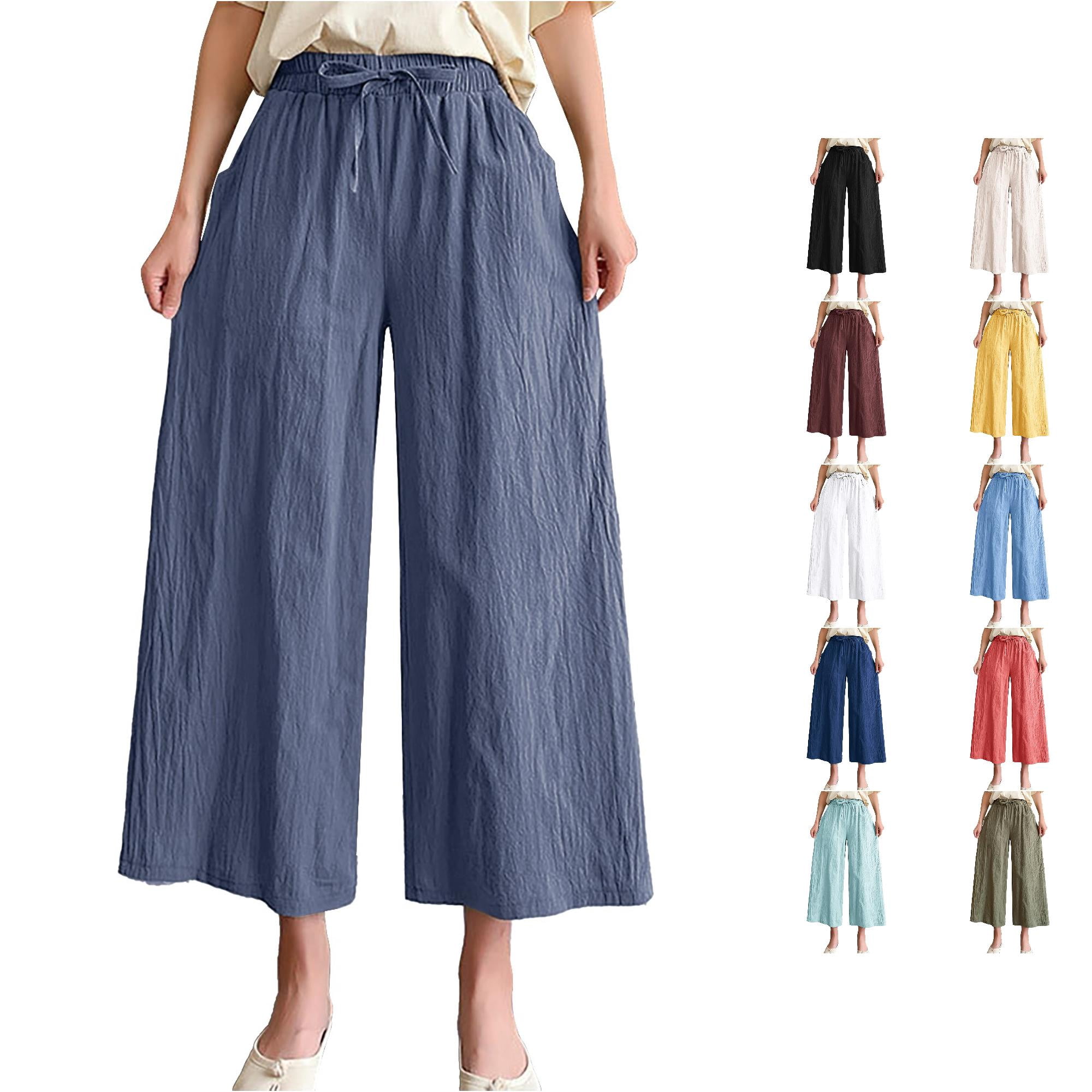 ANINEO Women Solid Color Casual Pocket Wide Leg Pants Elastic Waist ...