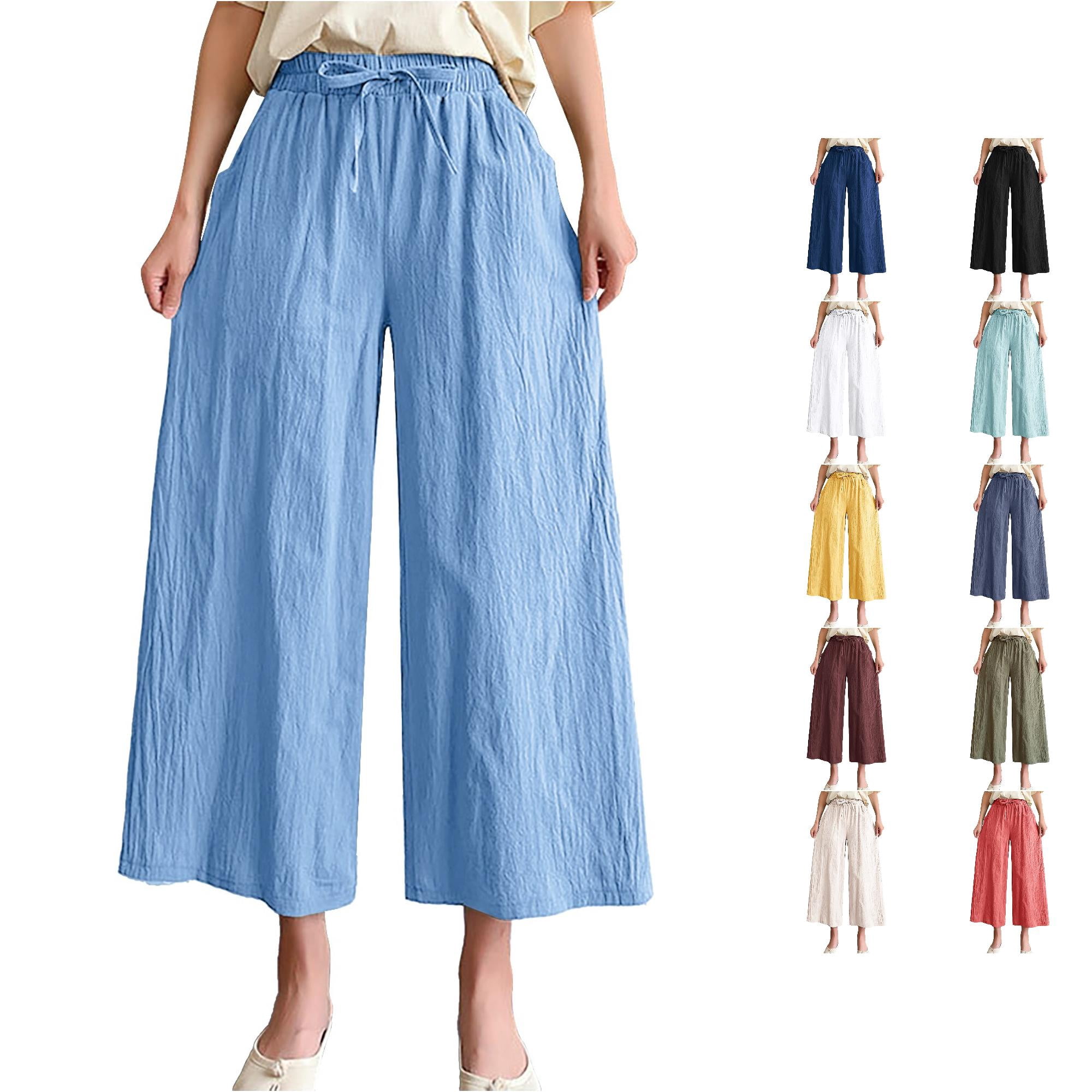 ANINEO Women Solid Color Casual Pocket Wide Leg Pants Elastic Waist ...