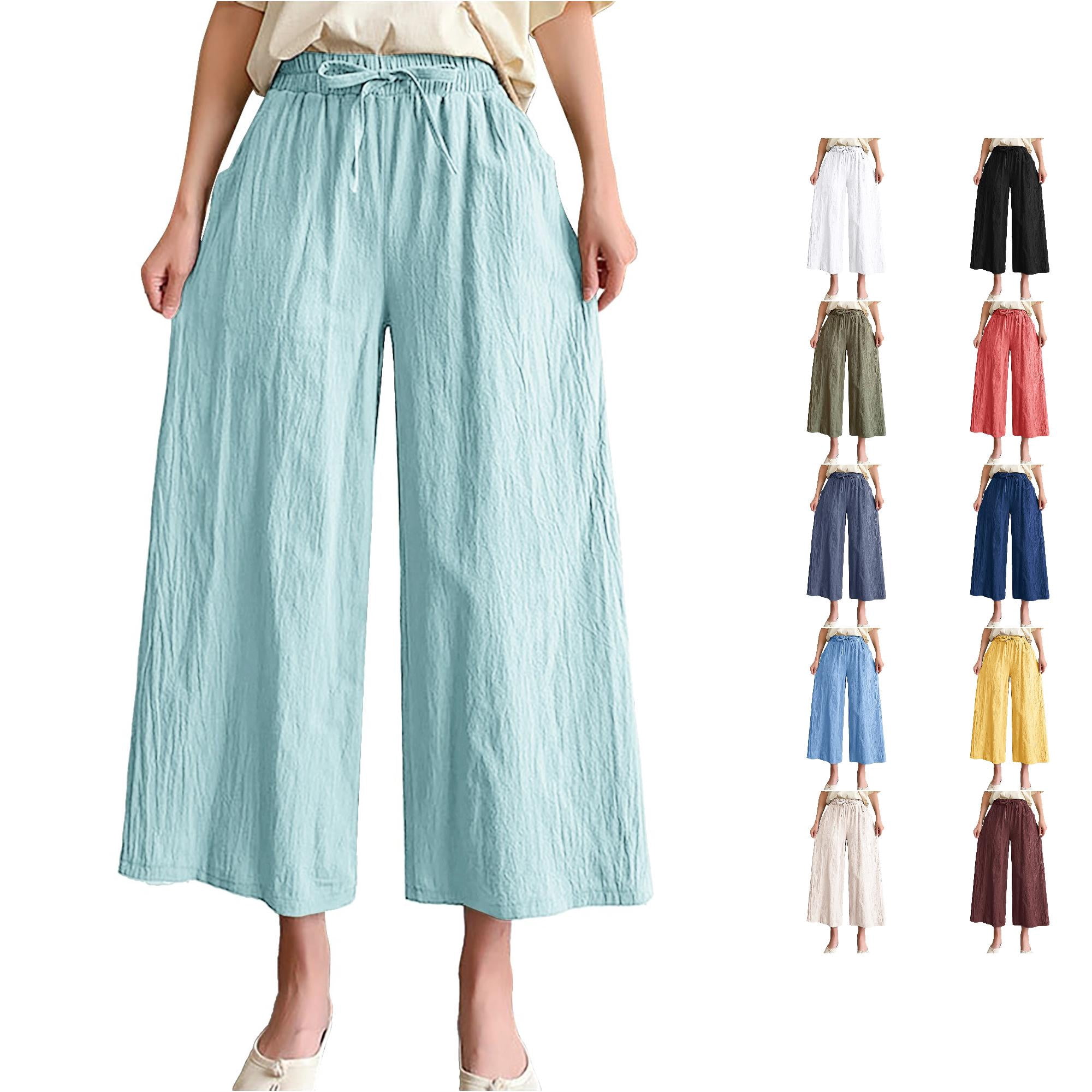 ANINEO Women Solid Color Casual Pocket Wide Leg Pants Elastic Waist ...