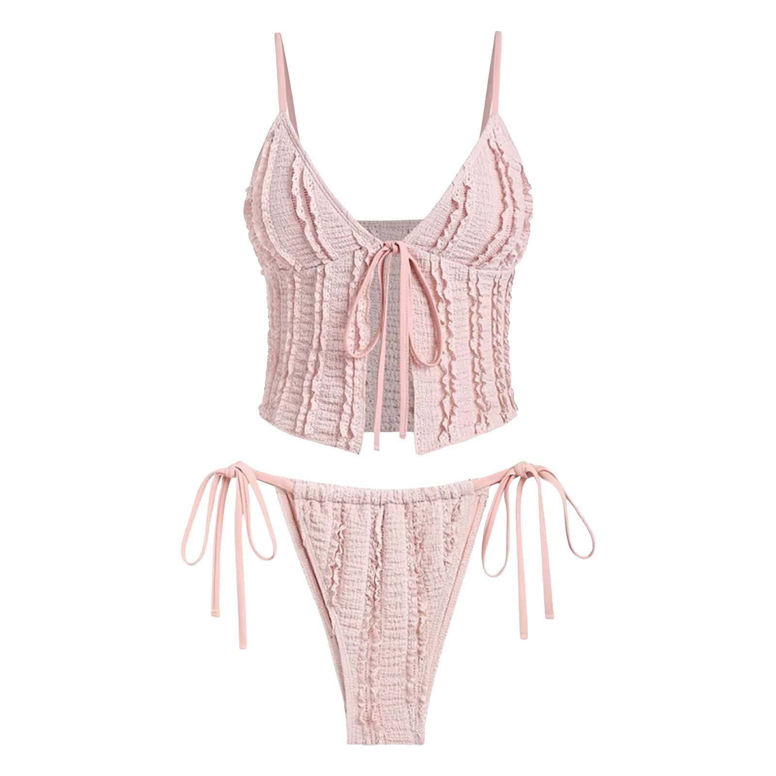 ANINEO Women Swimwear Ruffled Trim Textured Tied Side Tanga Tankini Set ...