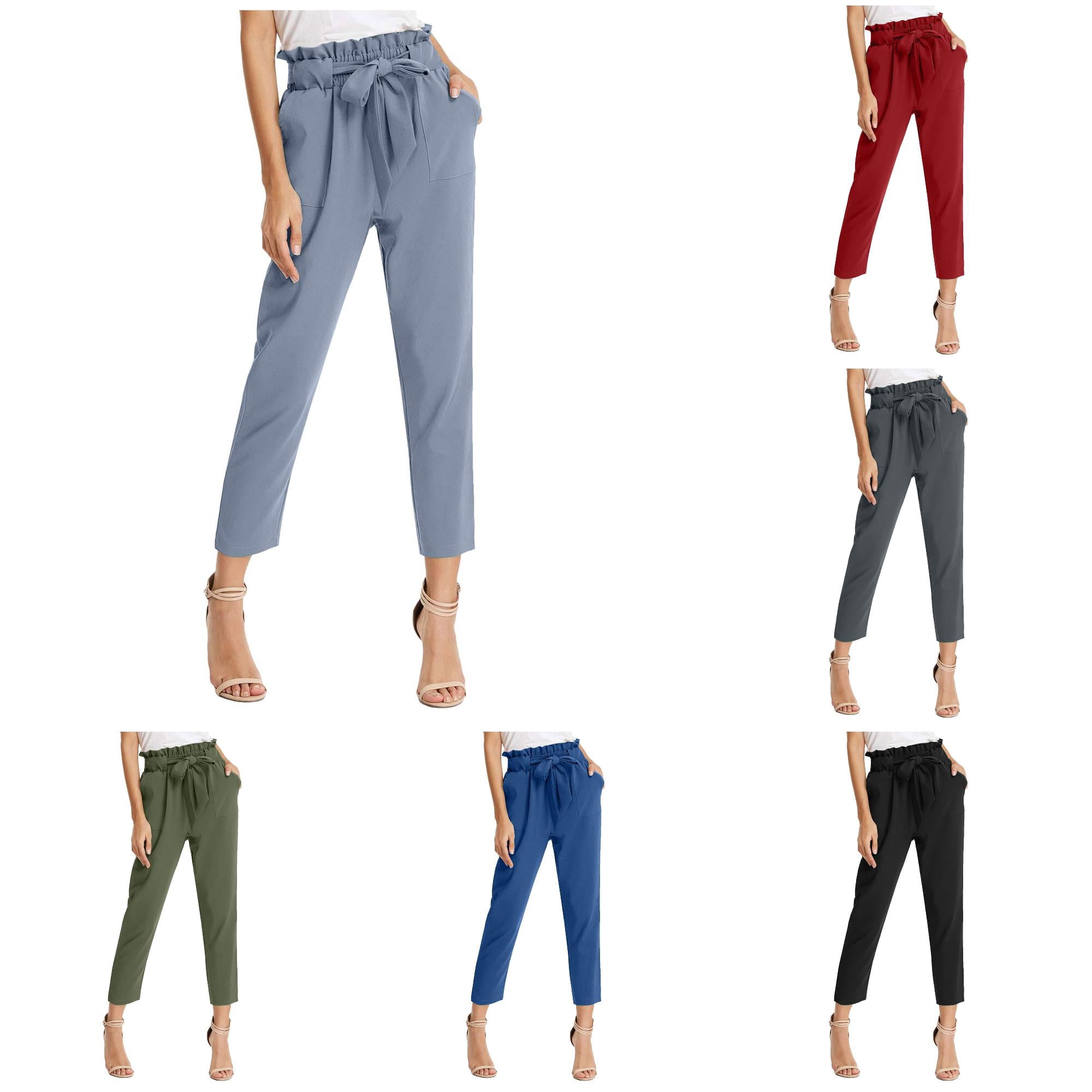 ANINEO Women's Casual Pants Solid Color High Waist Self Tie Belted ...