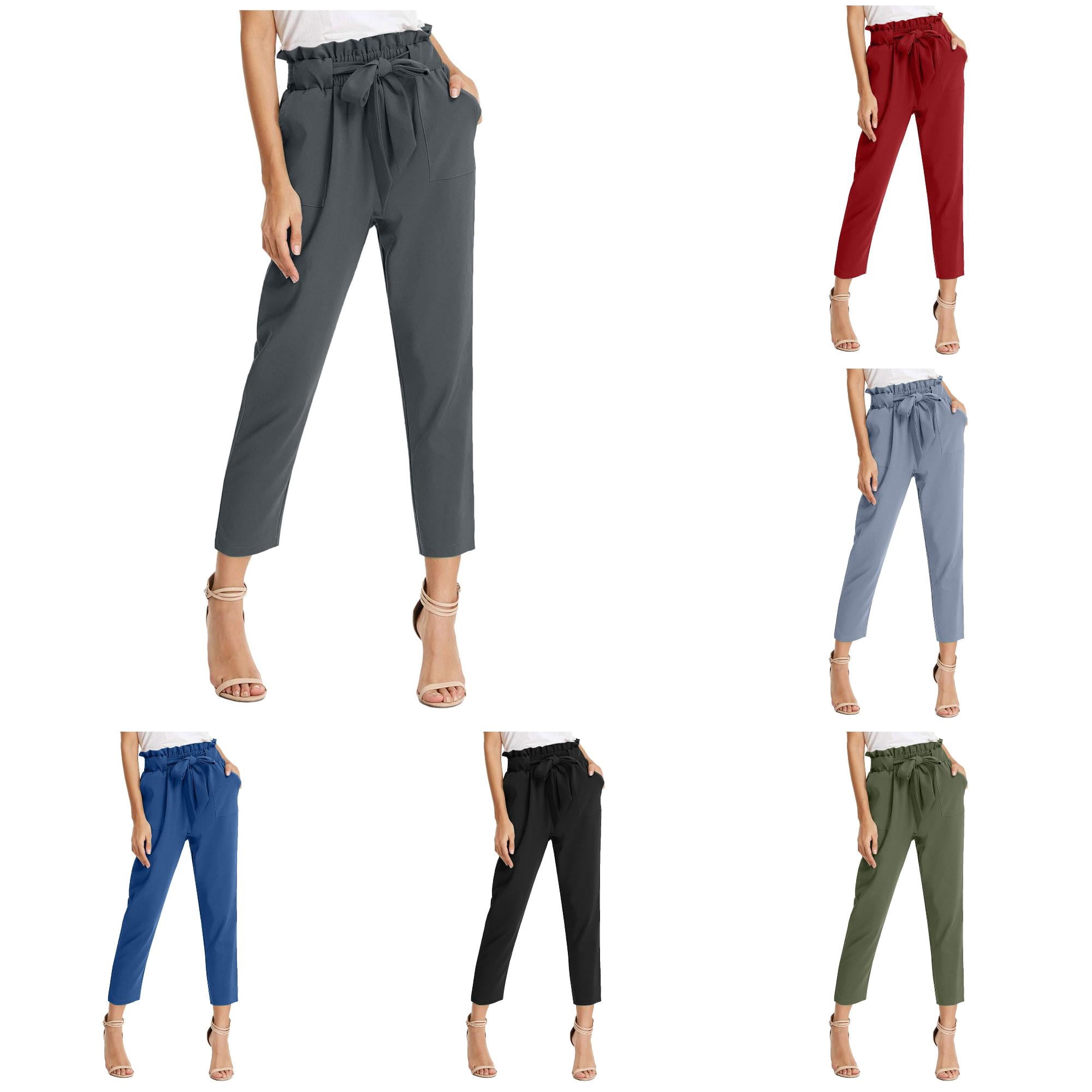 ANINEO Women's Casual Pants Solid Color High Waist Self Tie Belted ...