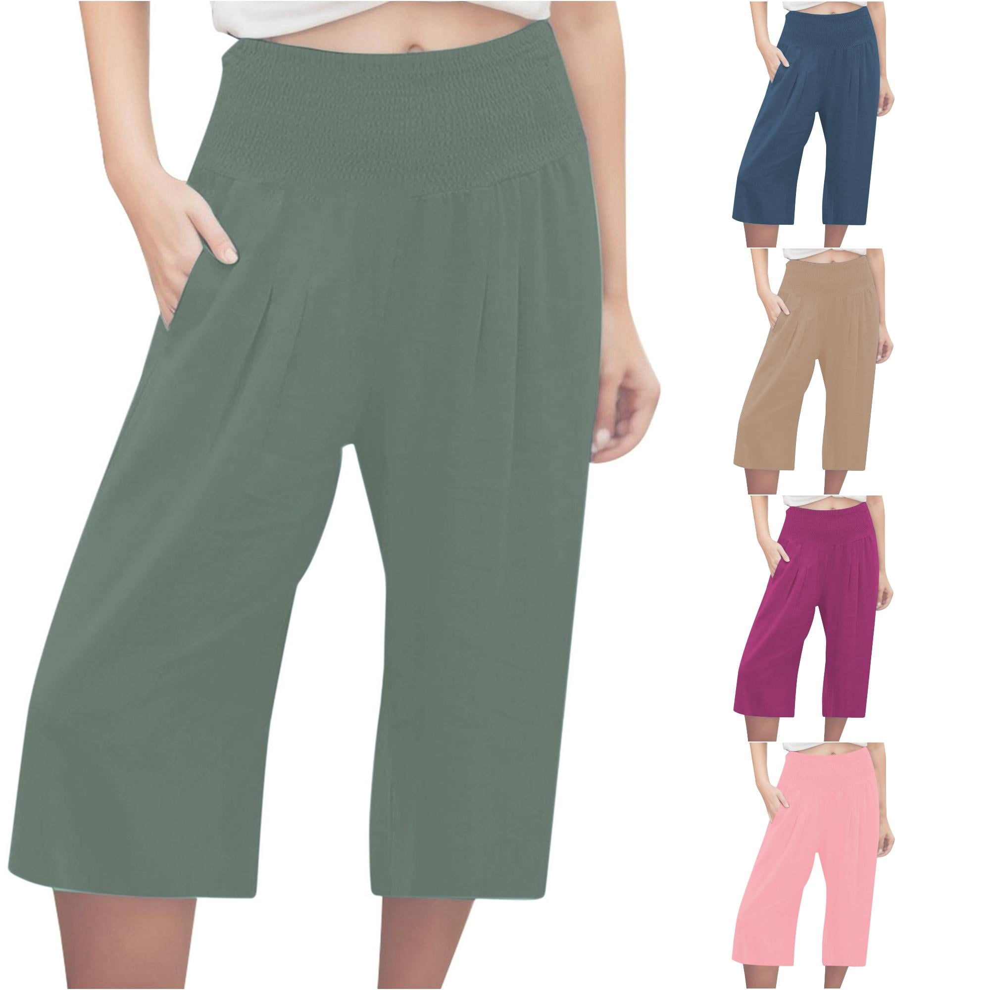 ANINEO Women's Linen Solid Color Elastic Waist Casual Pants Sports ...