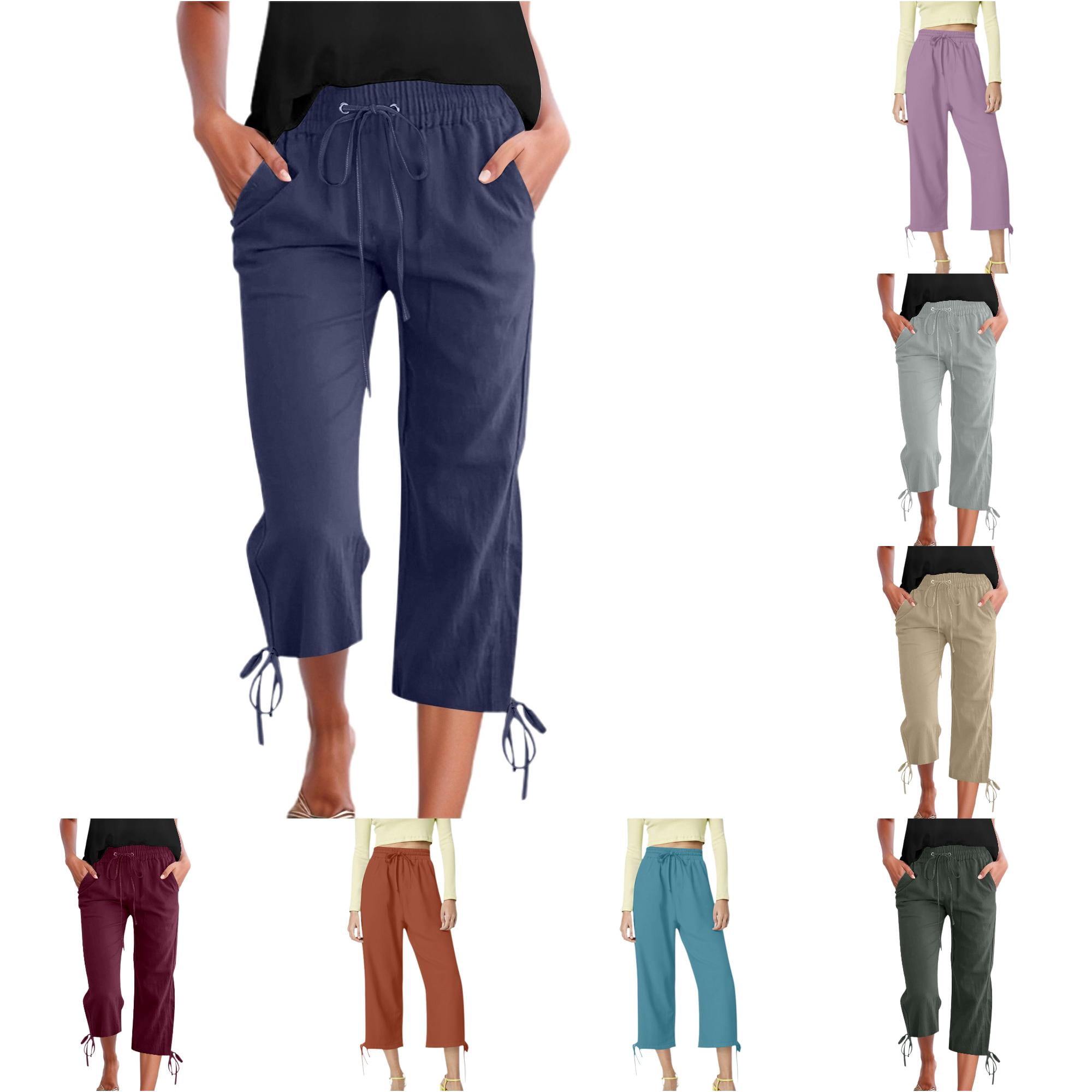 ANINEO Women's Solid Color Drawstring Cropped Linen Pants Casual Capri ...