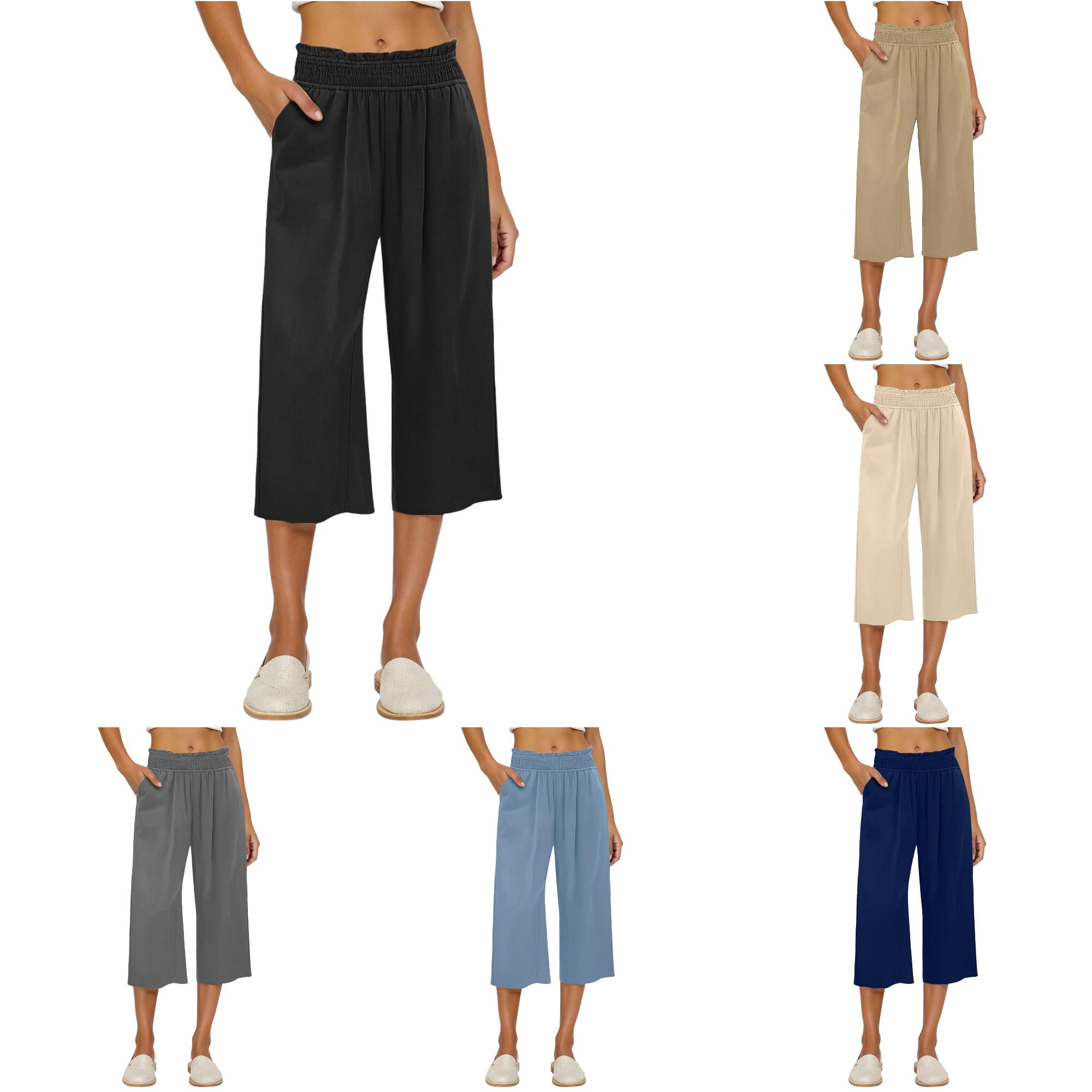 ANINEO Women's Solid Color Wide Leg Pants High Waisted Drawstring ...