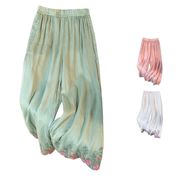 ANINEO Women's Summer Loose Literary Retro Pants Embroidered Cropped ...