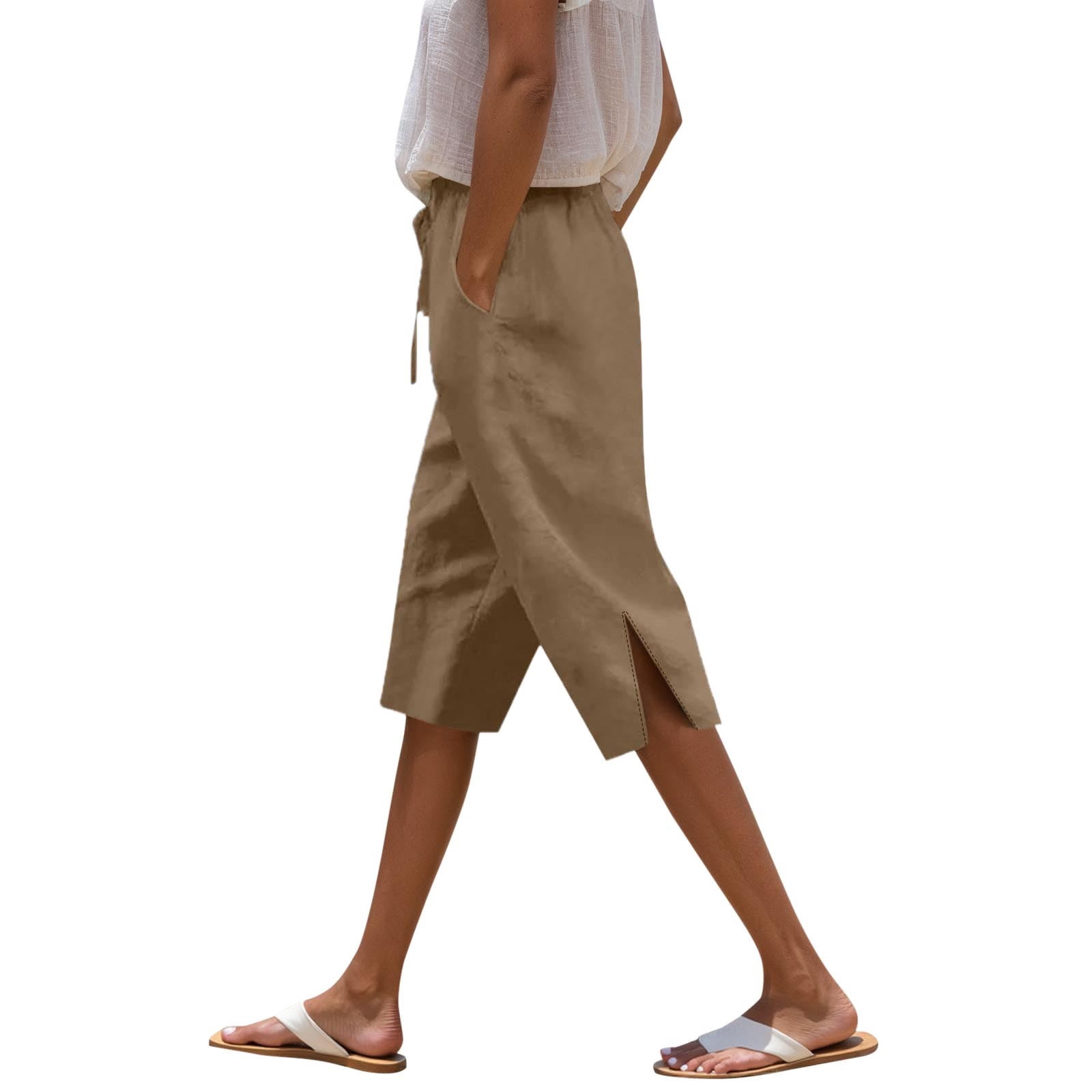 ANINEO Womens Linen Pants Capris Summer Beach Cropped Trousers ...
