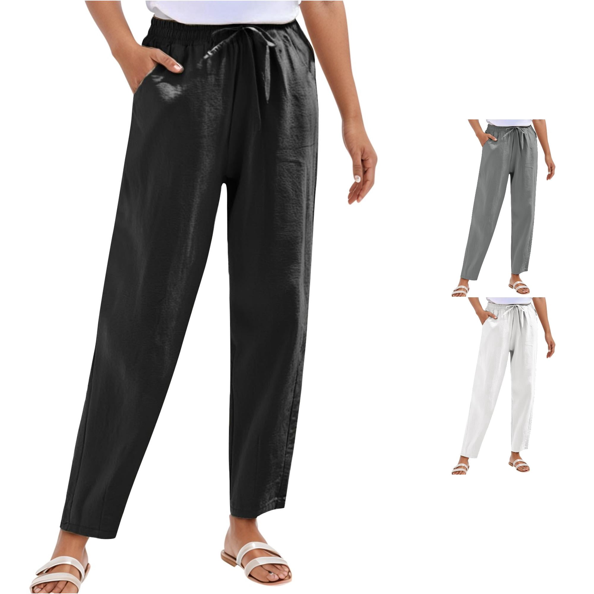 ANINEO Womens Linen Straight Leg Pants Elastic Drawstring Casual ...