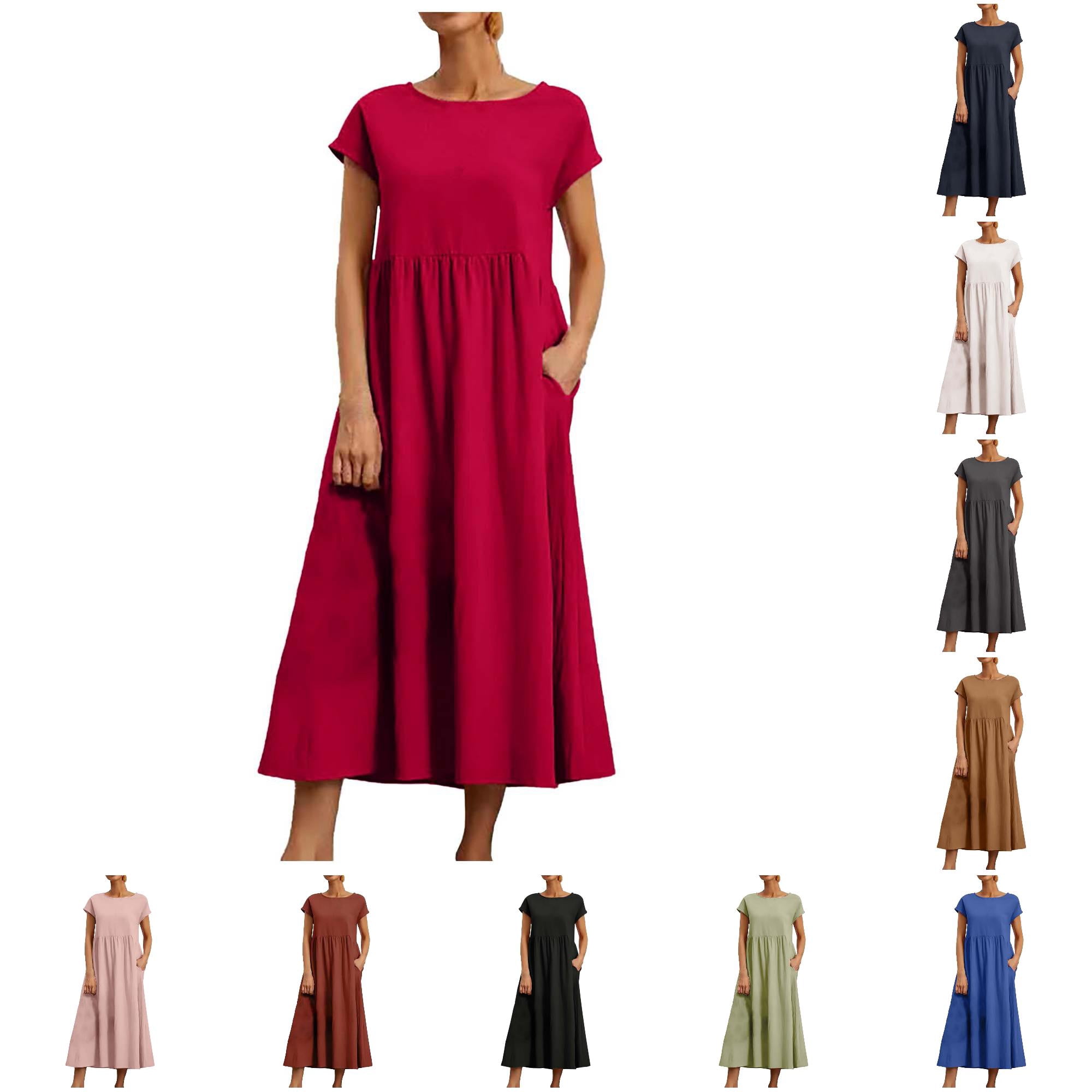 ANINEO Womens Summer Dresses Casual Solid Color Short Sleeve Linen With ...