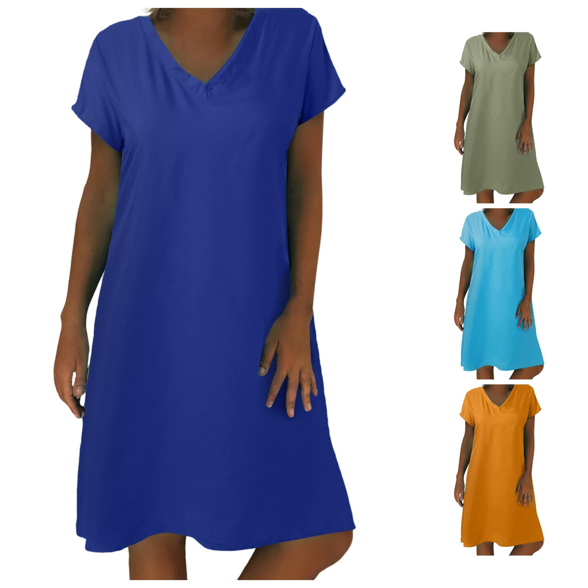 ANINEO Womens Summer Dresses Linen Casual V-Neck Midi Short Sleeve A ...