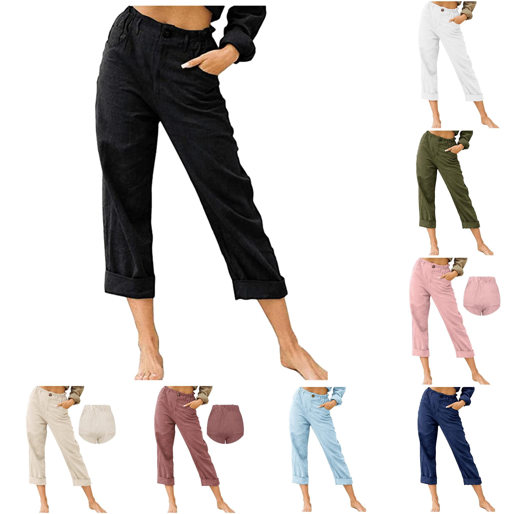 ANINEO Womens Trousers Pants Elastic Waist Linen Pants Casual Pants ...