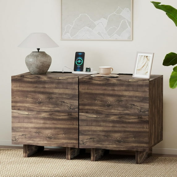 ANJ 2PCS Dark Walnut Nightstand with Charging Station and USB Ports, 19 ...