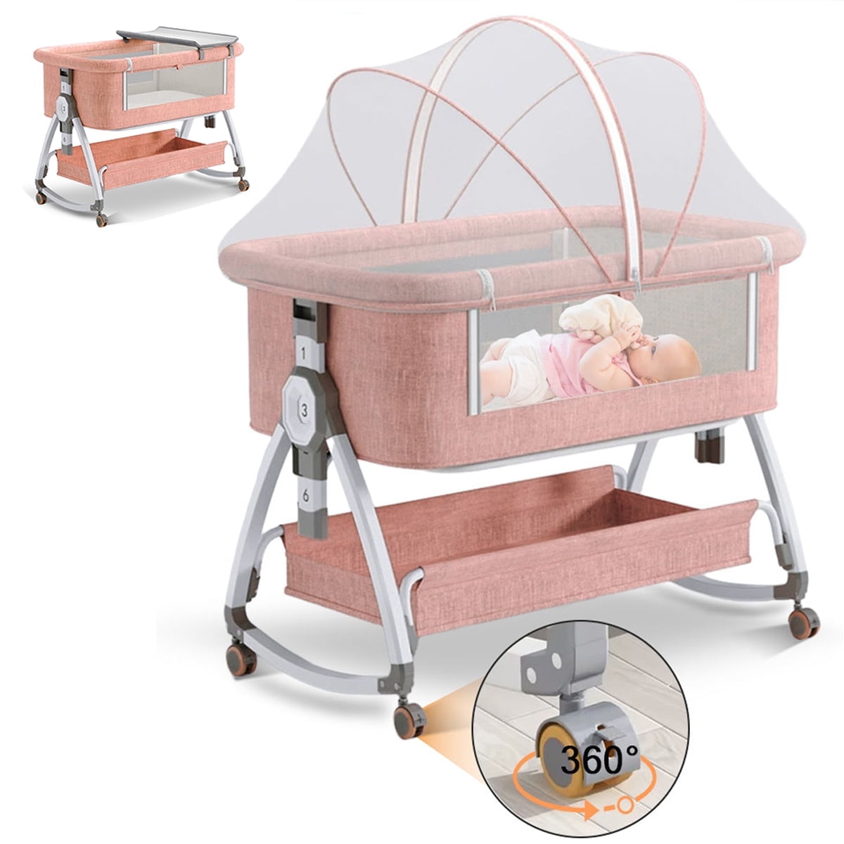 Pink Baby Bassinet, Foldable, 6 Height Adjustable, Bedside Sleeper ...