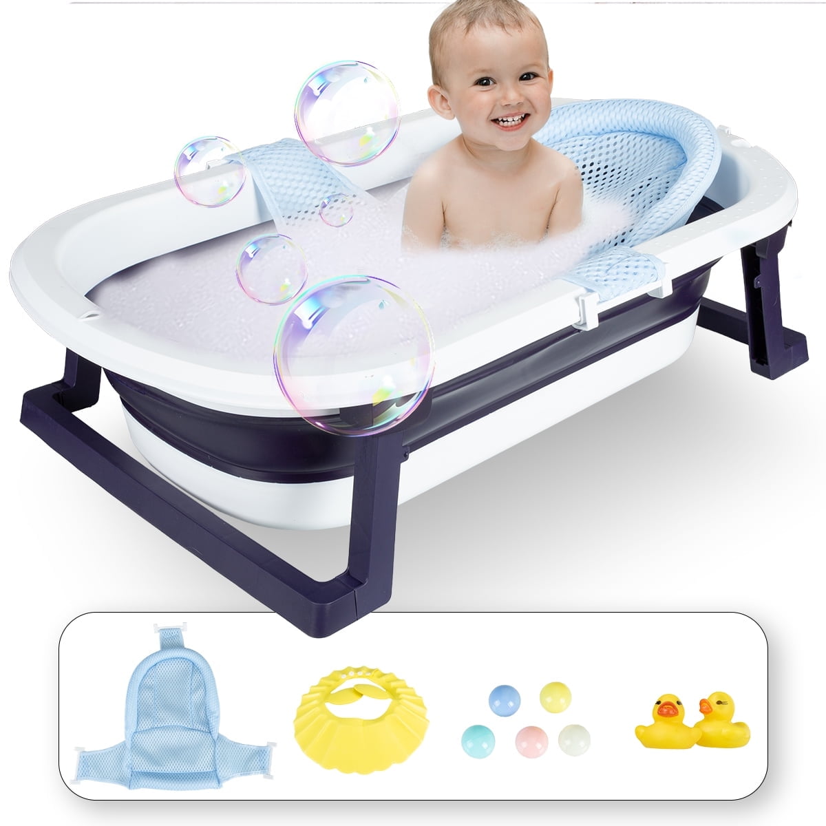 ANJORALA Blue Folding Baby Bath Tub with Seat, Portable & Travel ...