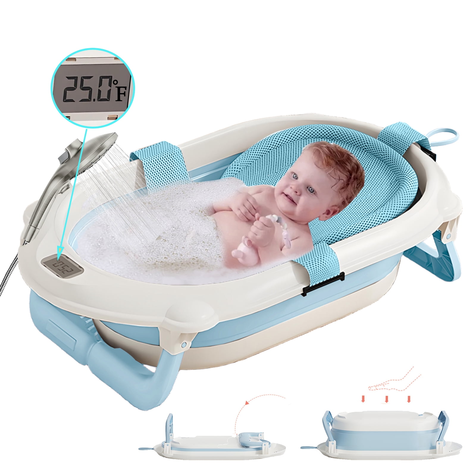 AJONALAA Folding Baby Bathtub with Real-Time Temperature & Showerhead ...