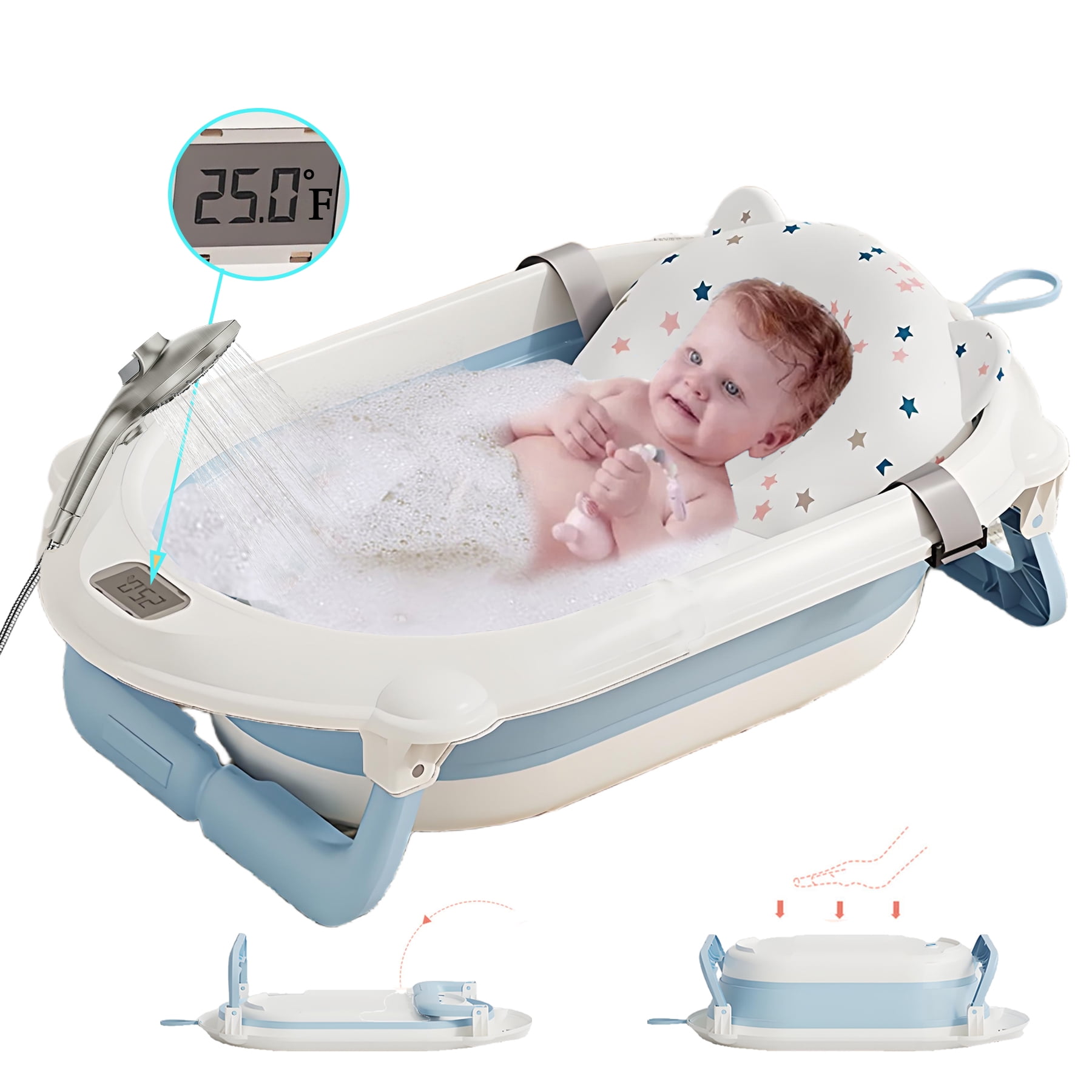 AJONALAA Folding Baby Bathtub with Real-Time Temperature & Showerhead ...