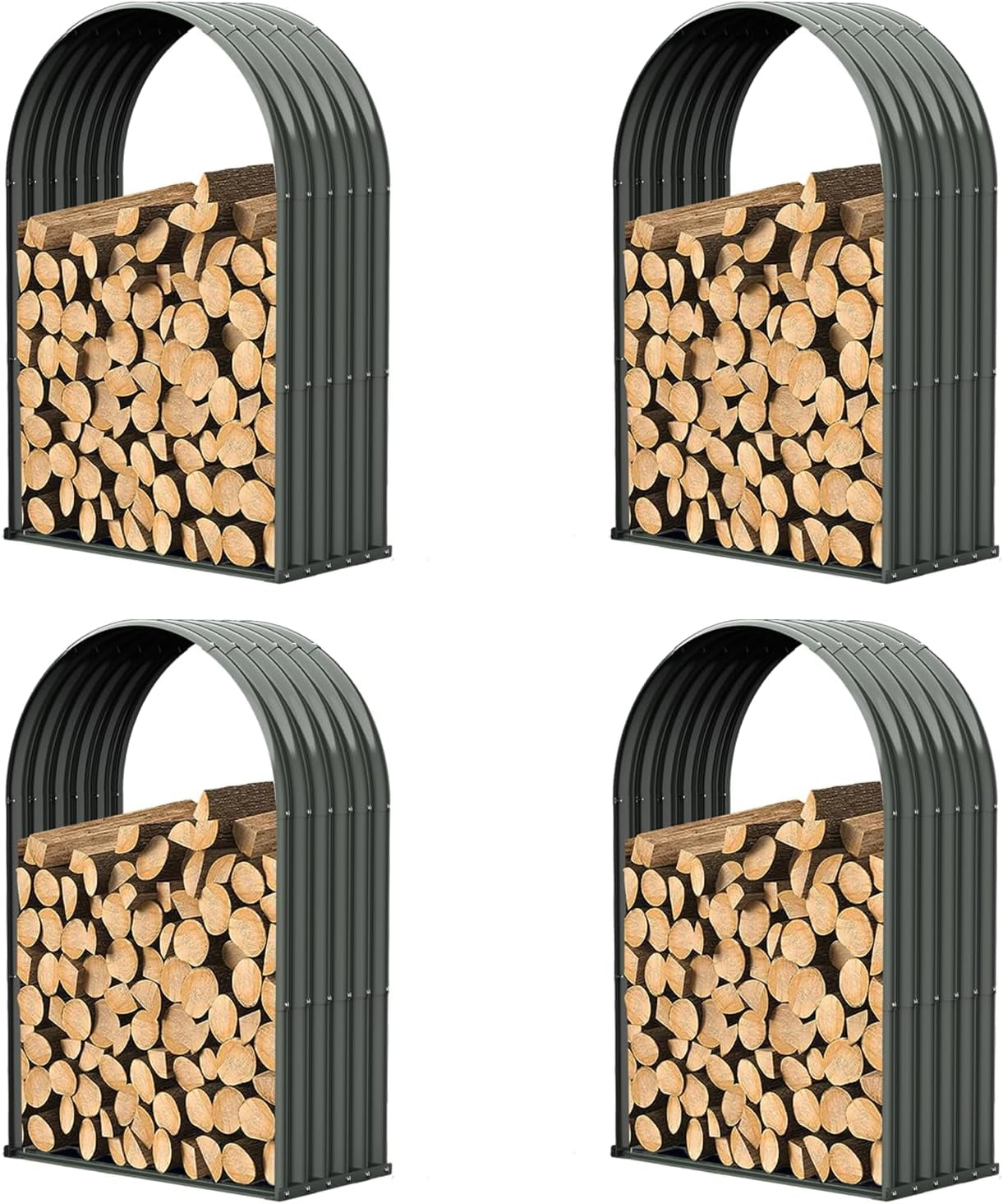 A ANLEOLIFE 4-Set Galvanized Steel Firewood Storage Rack with Weatherproof Corrugated Roof ...