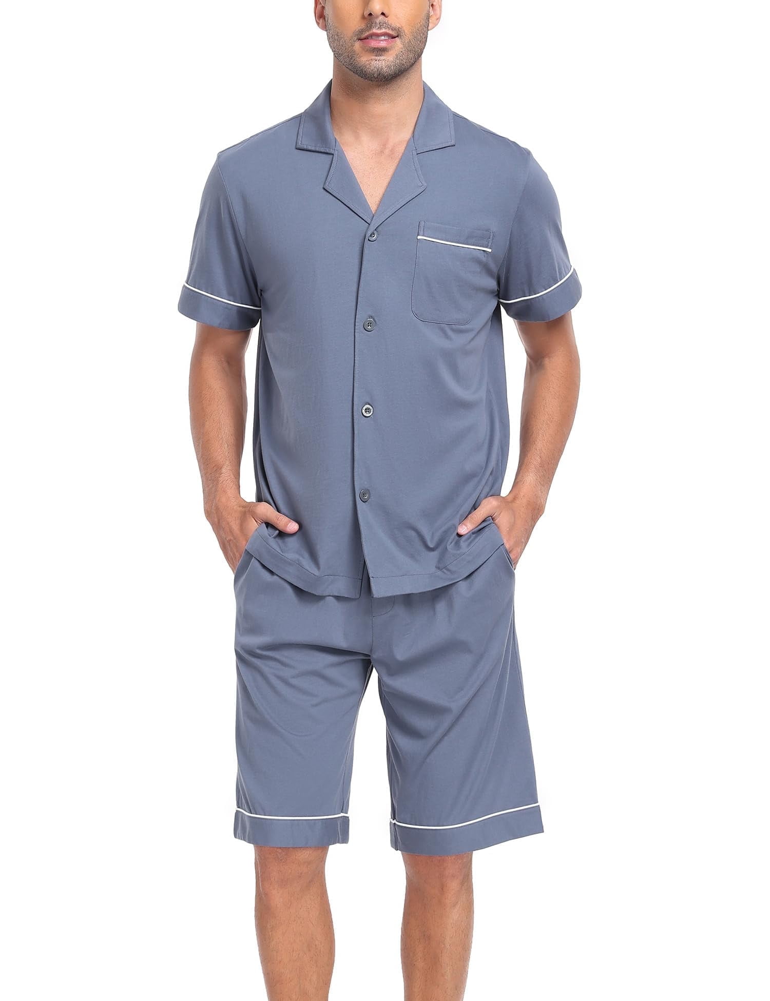 ANLIQI 100% Cotton Mens Pajamas Set Shorts Button Down Sleepwear Short ...