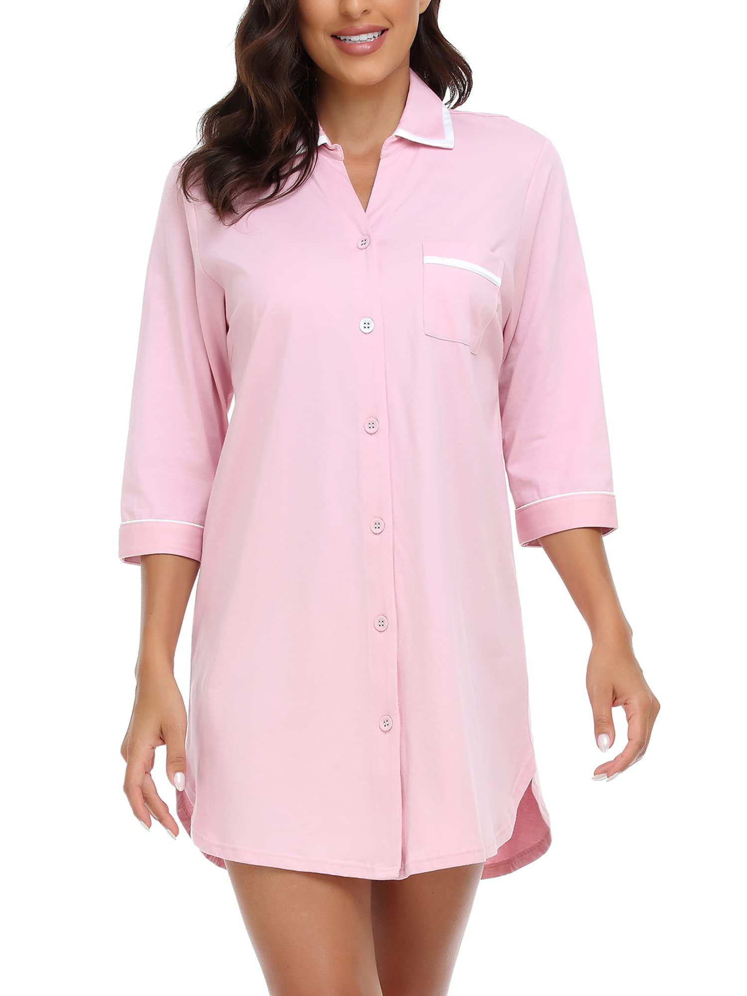 ANLIQI, Womens Cotton Nightgown, Pink XL, Button Down Sleep Shirt ...