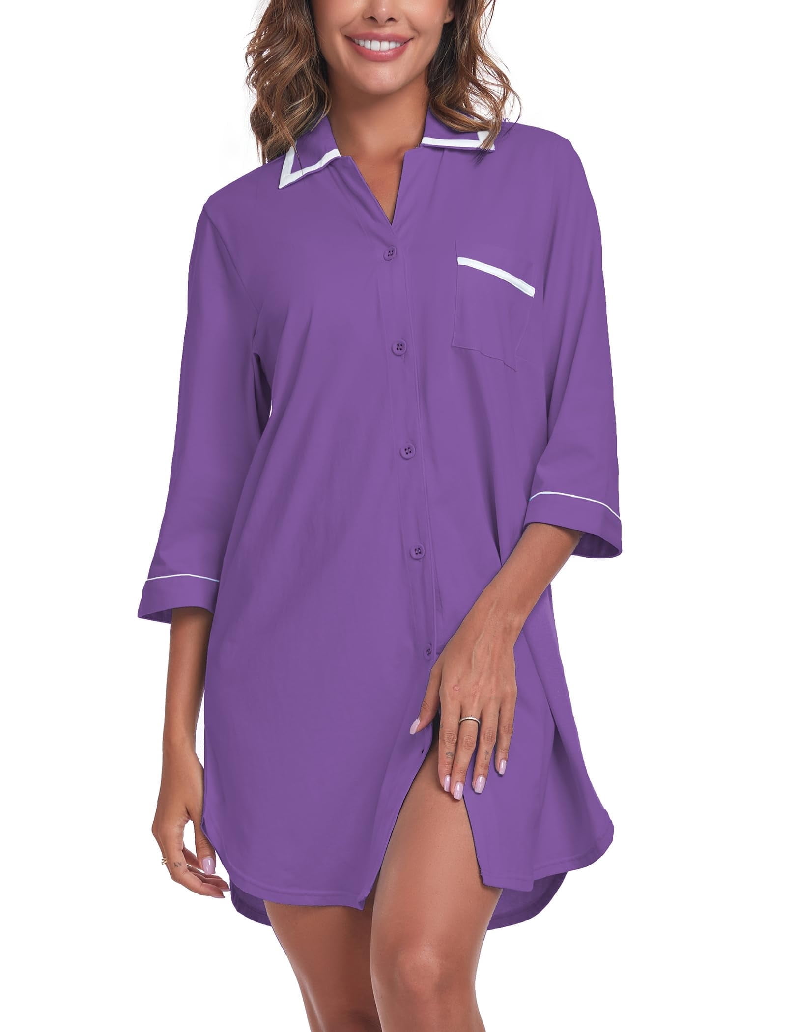 ANLIQI Womens Cotton Nightgown Sexy Button Down Night Shirts Soft ...