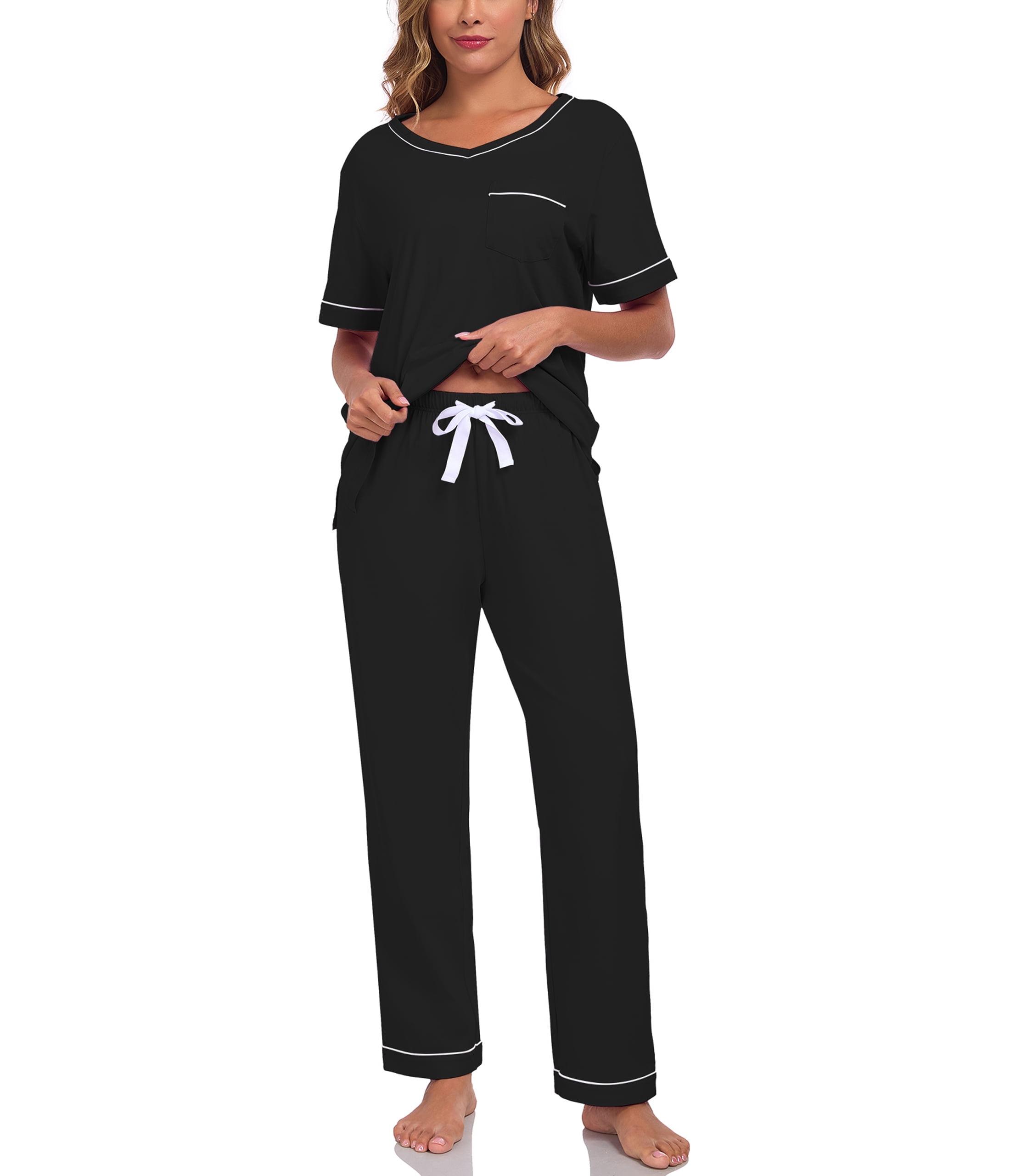 ANLIQI 100% Cotton Pajamas for Women Short Sleeve Sleepwear & Pants 2 ...