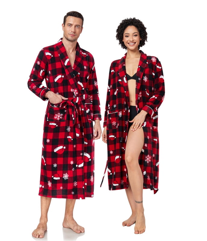 ANLIQI Couples Matching Chritsmas Robes Soft Fleece Red Plaid Robe Long ...