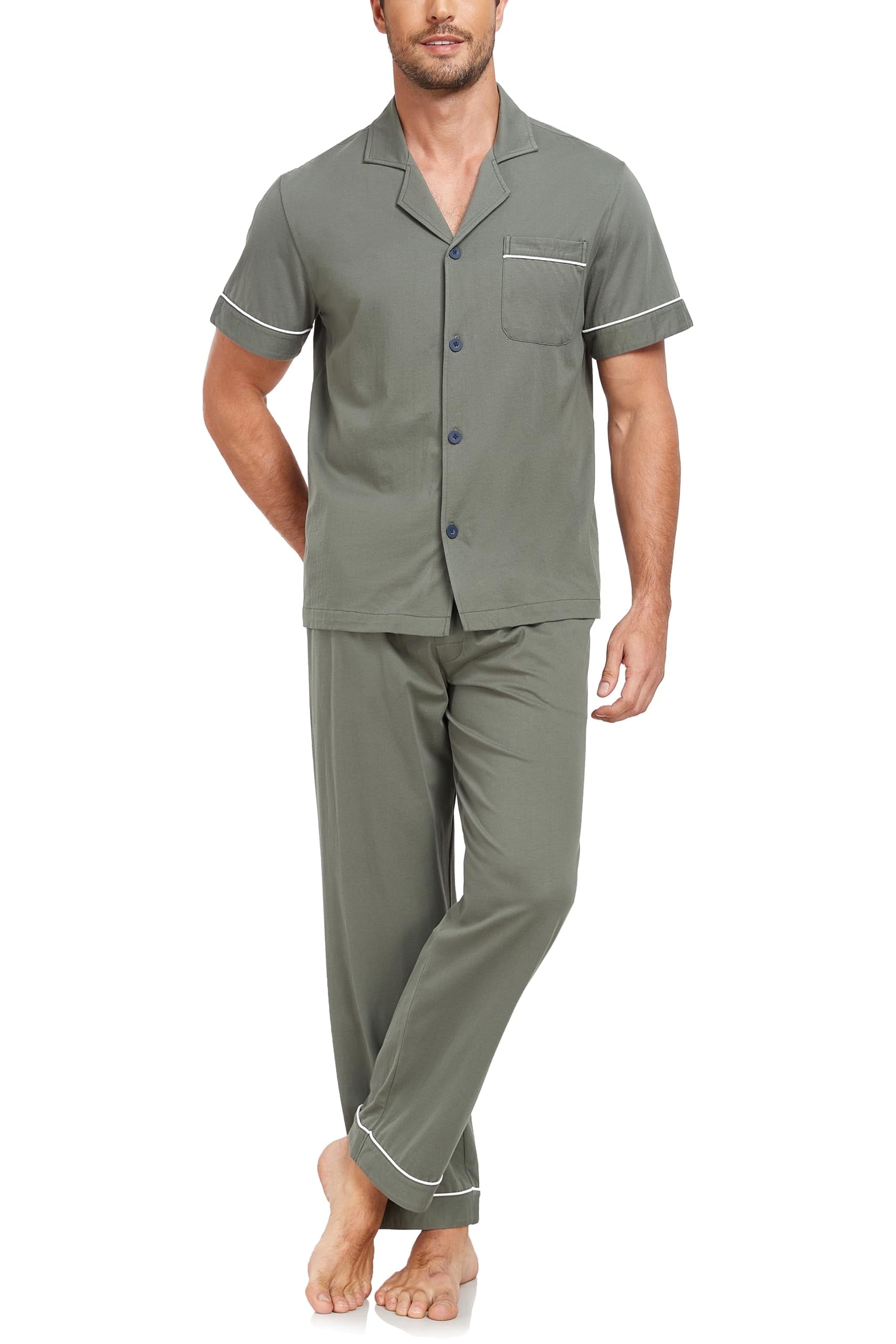 ANLIQI Men's 100% Cotton Pajamas Set Button Down Sleepwear Short Sleeve ...