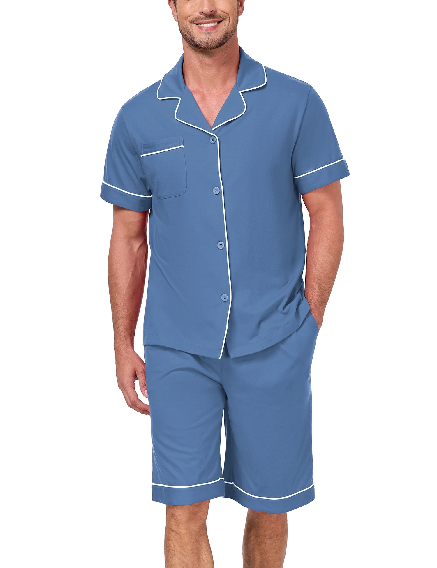 ANLIQI Men's 100% Cotton Pajamas Set Summer Short Set Button Down ...