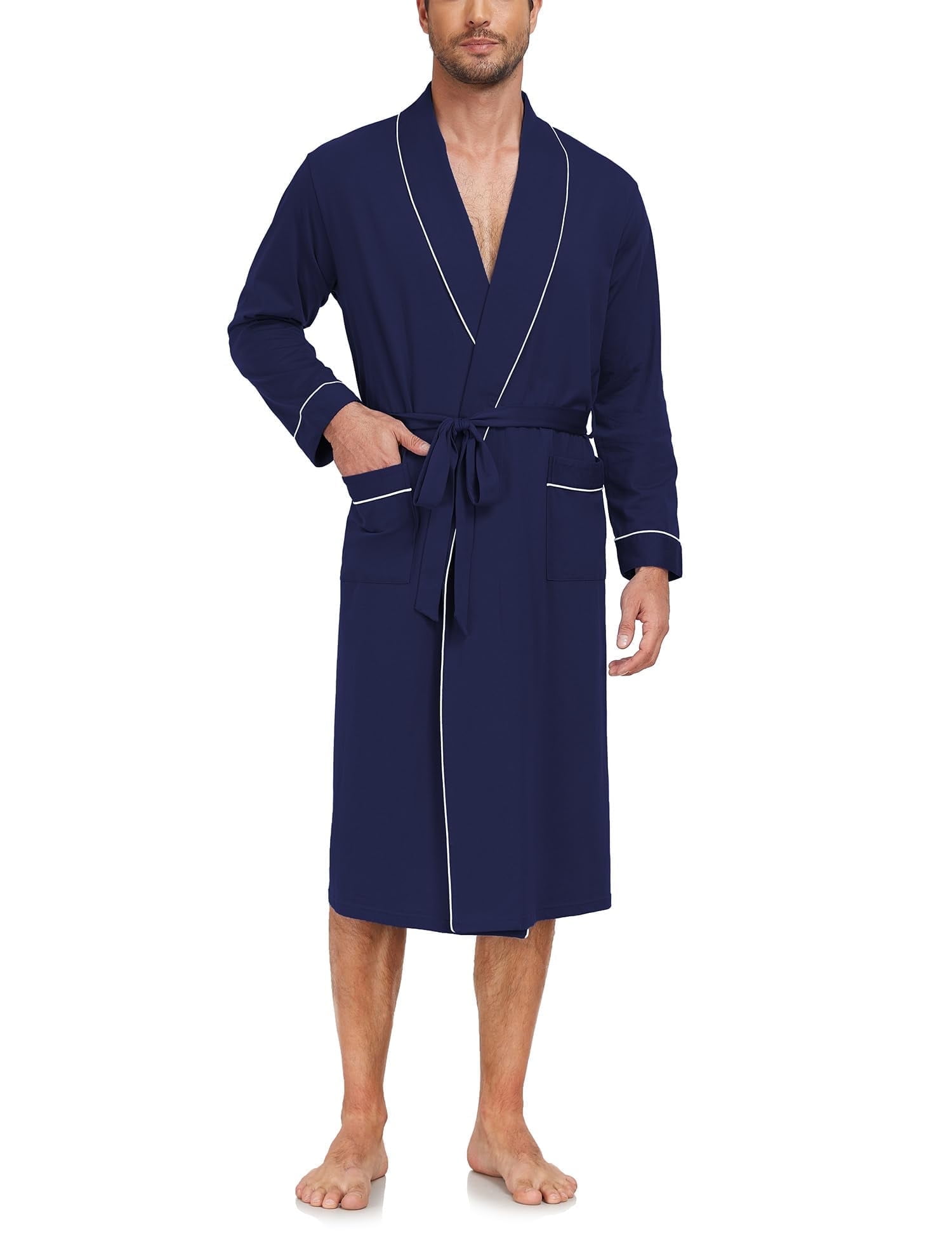 ANLIQI Mens 100% Cotton Robes Lightweight Long Sleeve Bathrobe Knit Spa with Pockets (Navy Blue ...