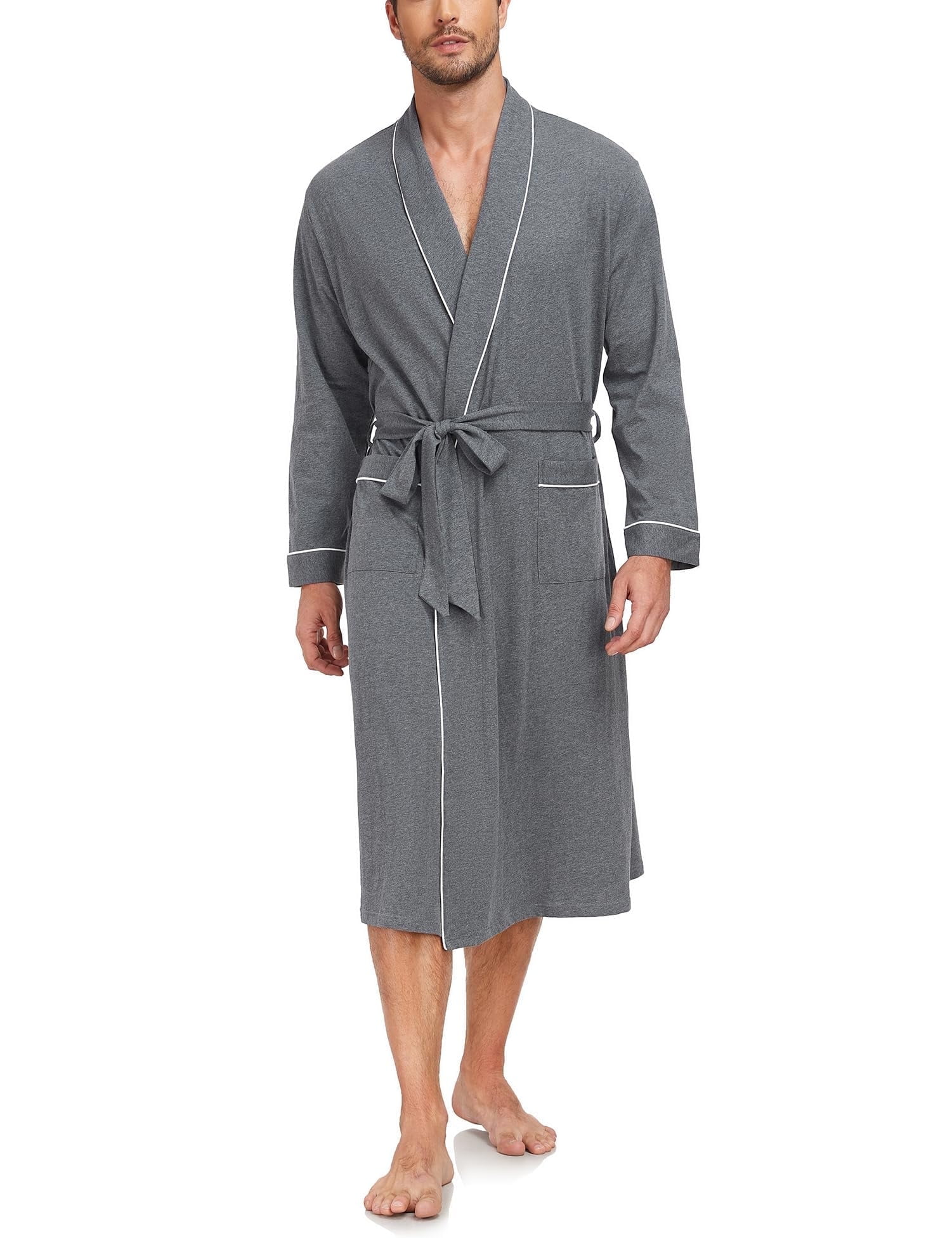 ANLIQI Mens 100% Cotton Robes Lightweight Long Sleeve Bathrobe Soft ...