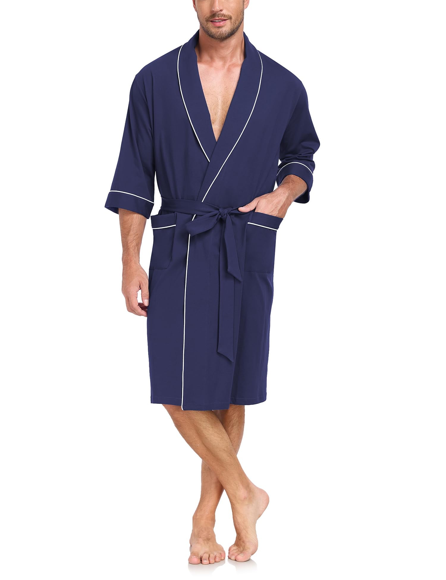 ANLIQI Mens 100% Cotton Short Robes Summer Lightweight Kimono Bathrobe ...