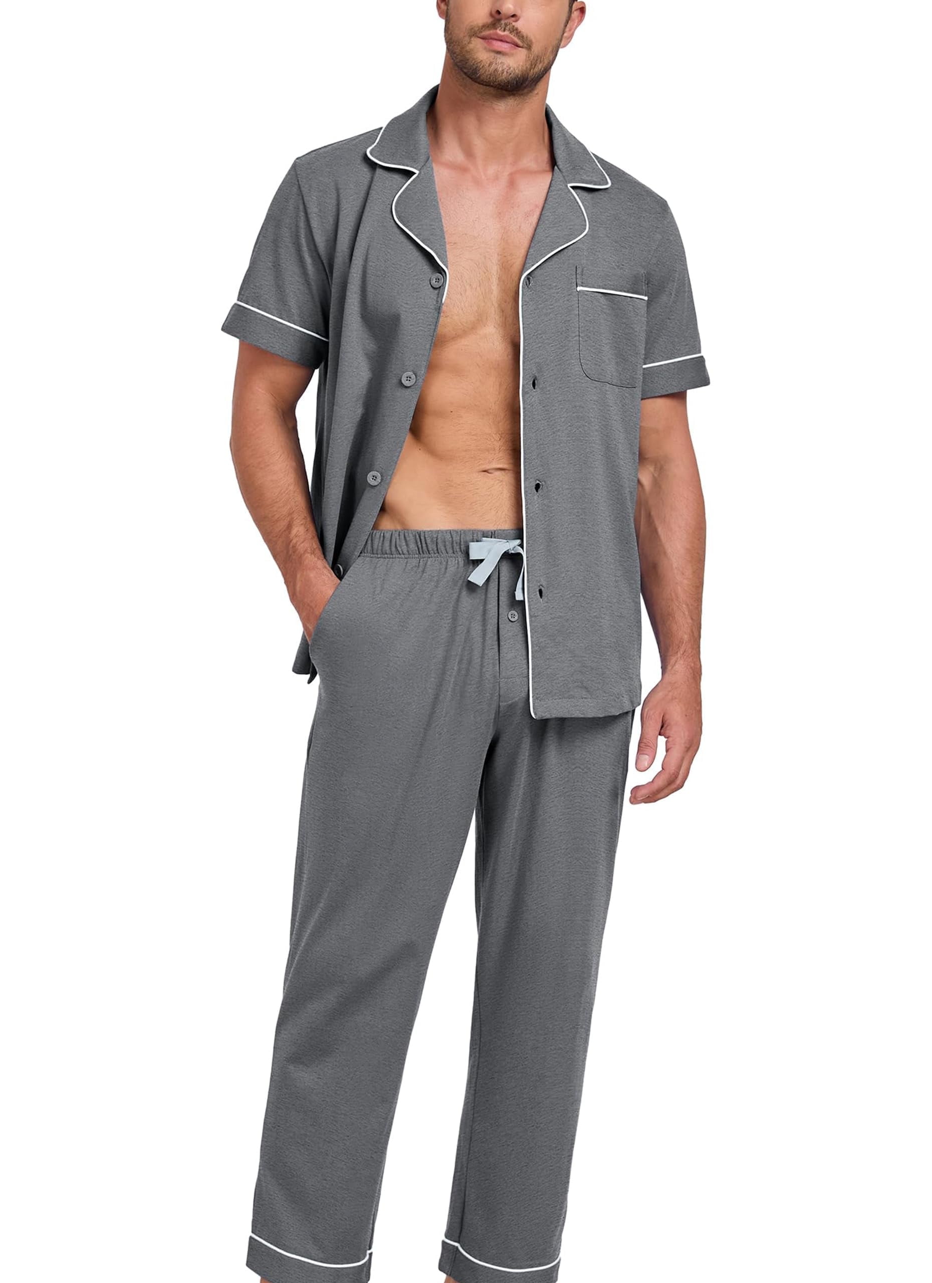 ANLIQI Mens Pajamas Set 100% Cotton Soft Button Pajamas for Men Short ...