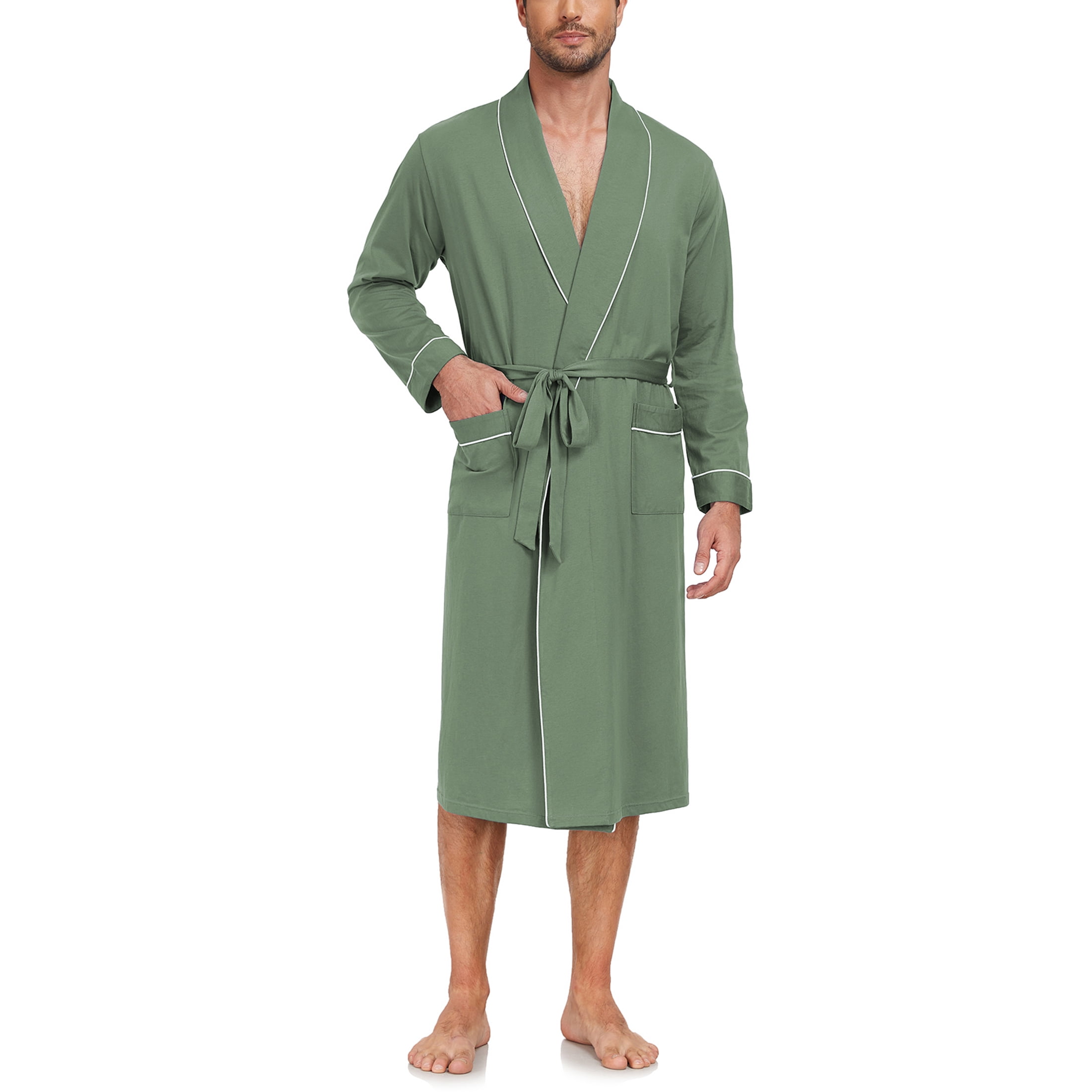 ANLIQI Mens Robe Lightweight 100% Cotton Summer Bathrobe Knit Long ...